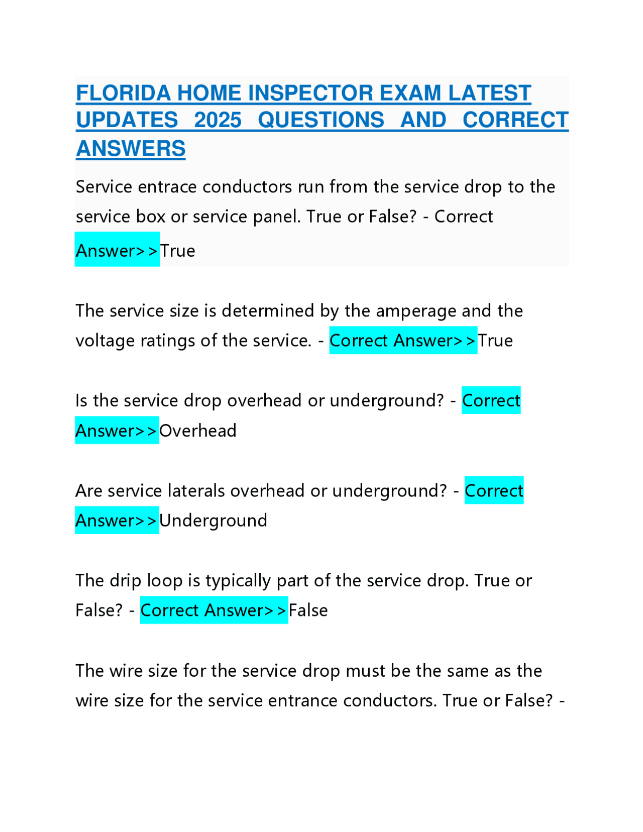 FLORIDA HOME INSPECTOR EXAM LATEST UPDATES 2025 QUESTIONS AND CORRECT ...
