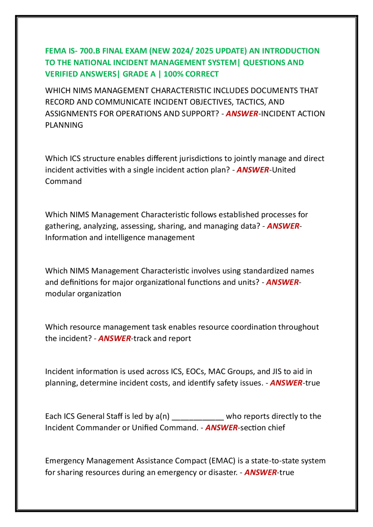 FEMA IS-700.B Final Exam (2024/2025): NIMS Introduction | Exams Nursing ...