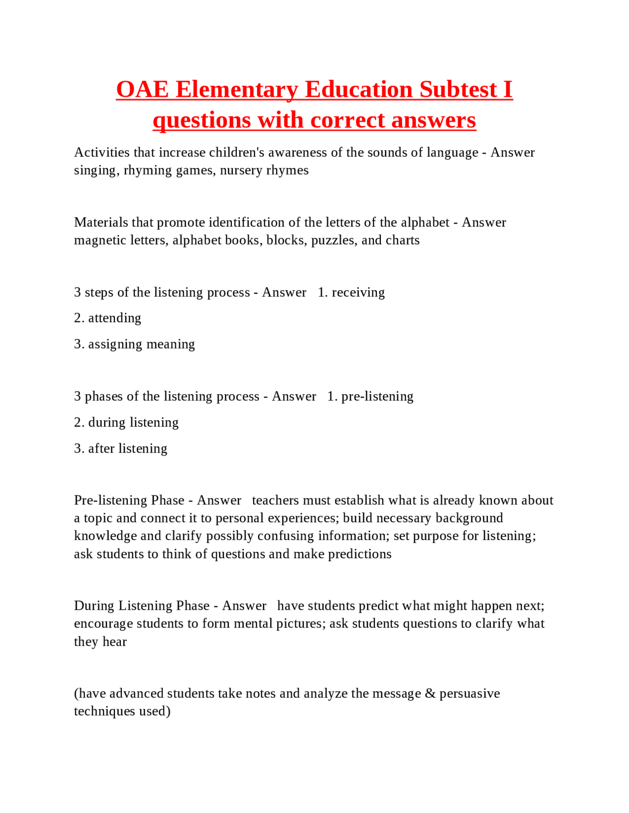 OAE Elementary Education Subtest I: Language Development & Reading ...