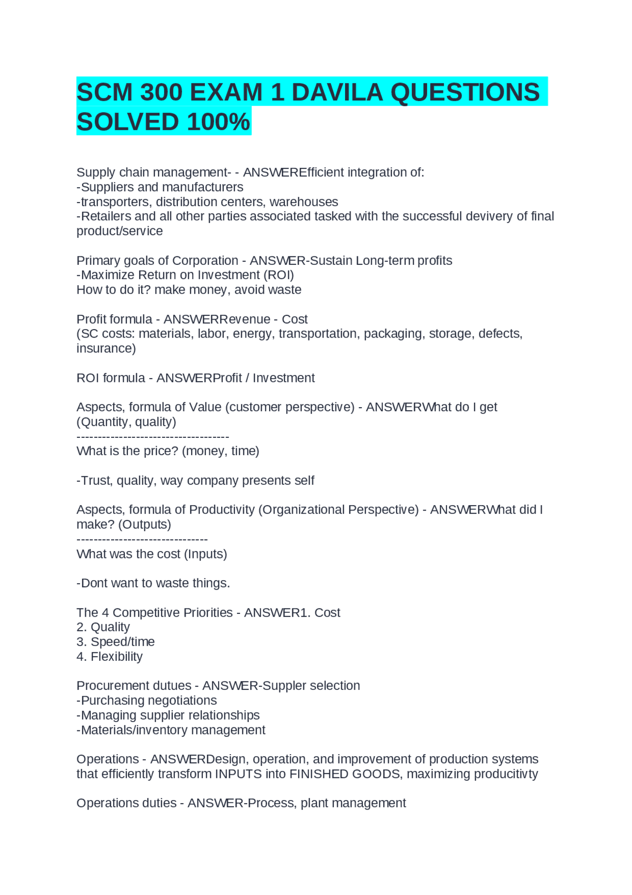 SCM 300 EXAM 1 DAVILA QUESTIONS SOLVED 100% | Exams Aviation | Docsity