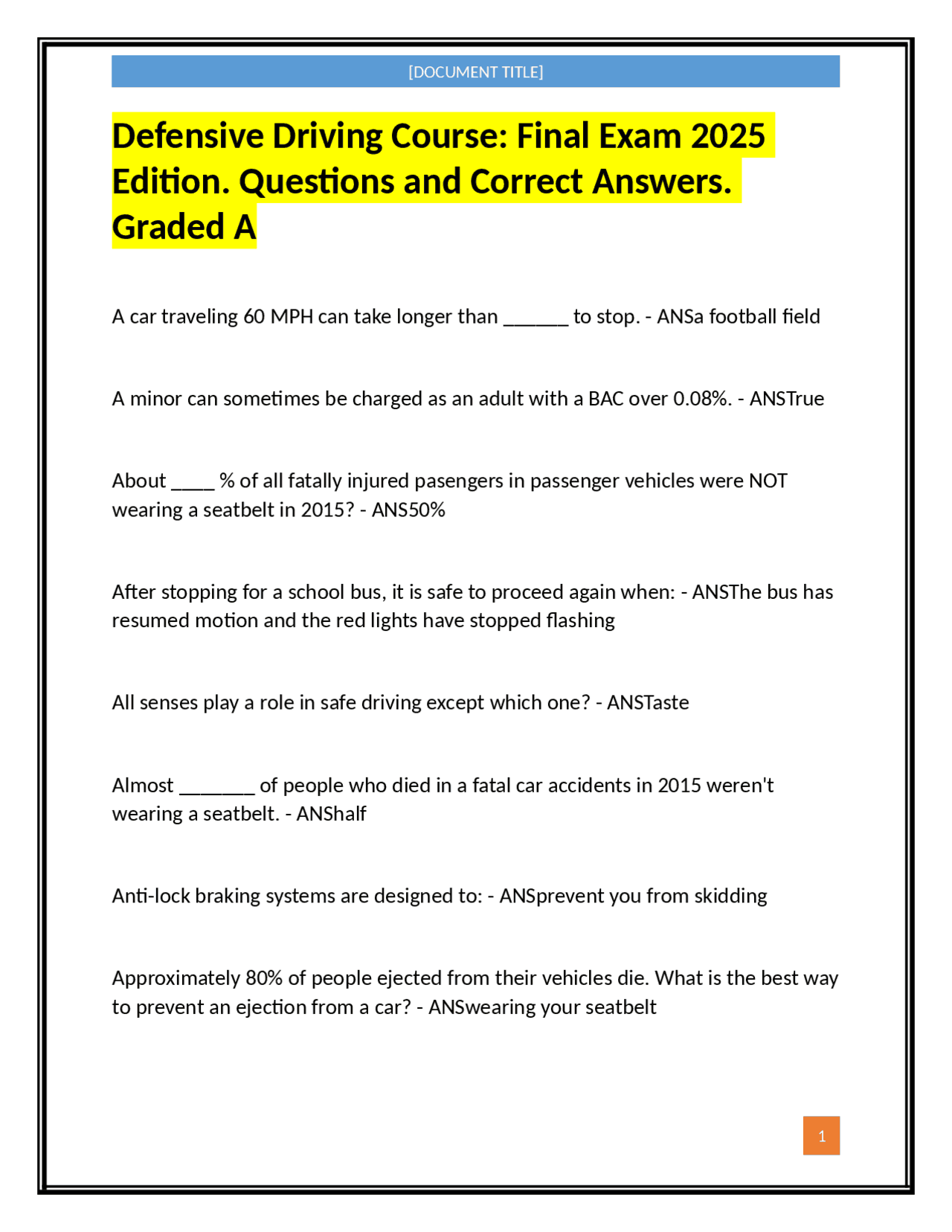 Defensive Driving Course: Final Exam 2025 Edition. Questions and ...