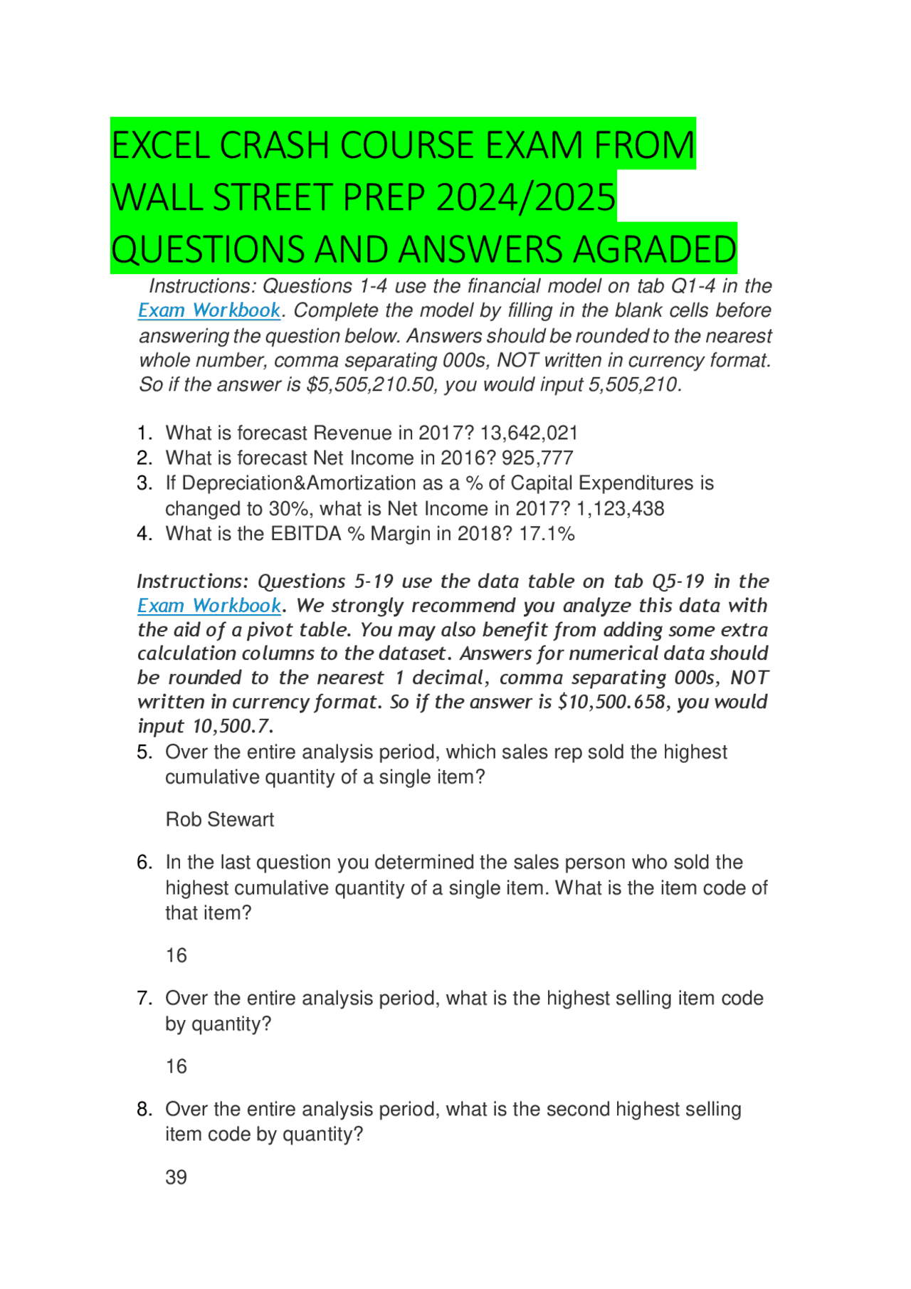 Excel Crash Course Exam: Financial Modeling and Data Analysis | Exams Public Health | Docsity