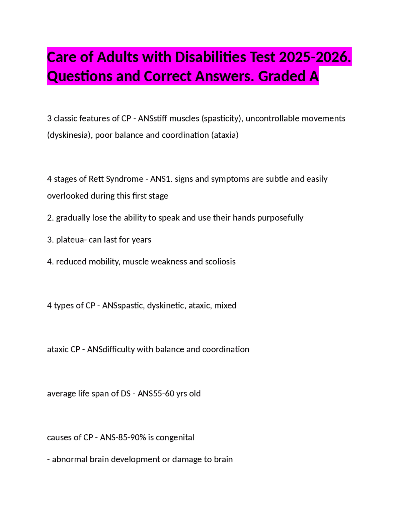 Care of Adults with Disabilities: Test Questions and Answers | Exams ...