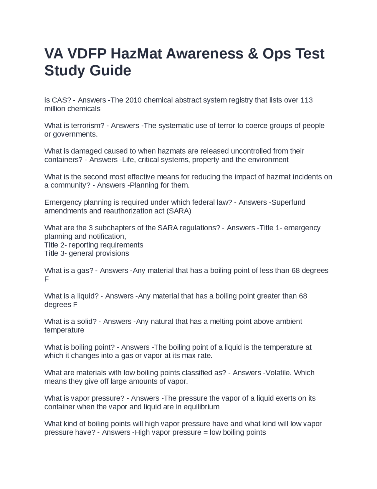 VA VDFP HazMat Awareness & Operations Test Study Guide | Exams Chemical ...