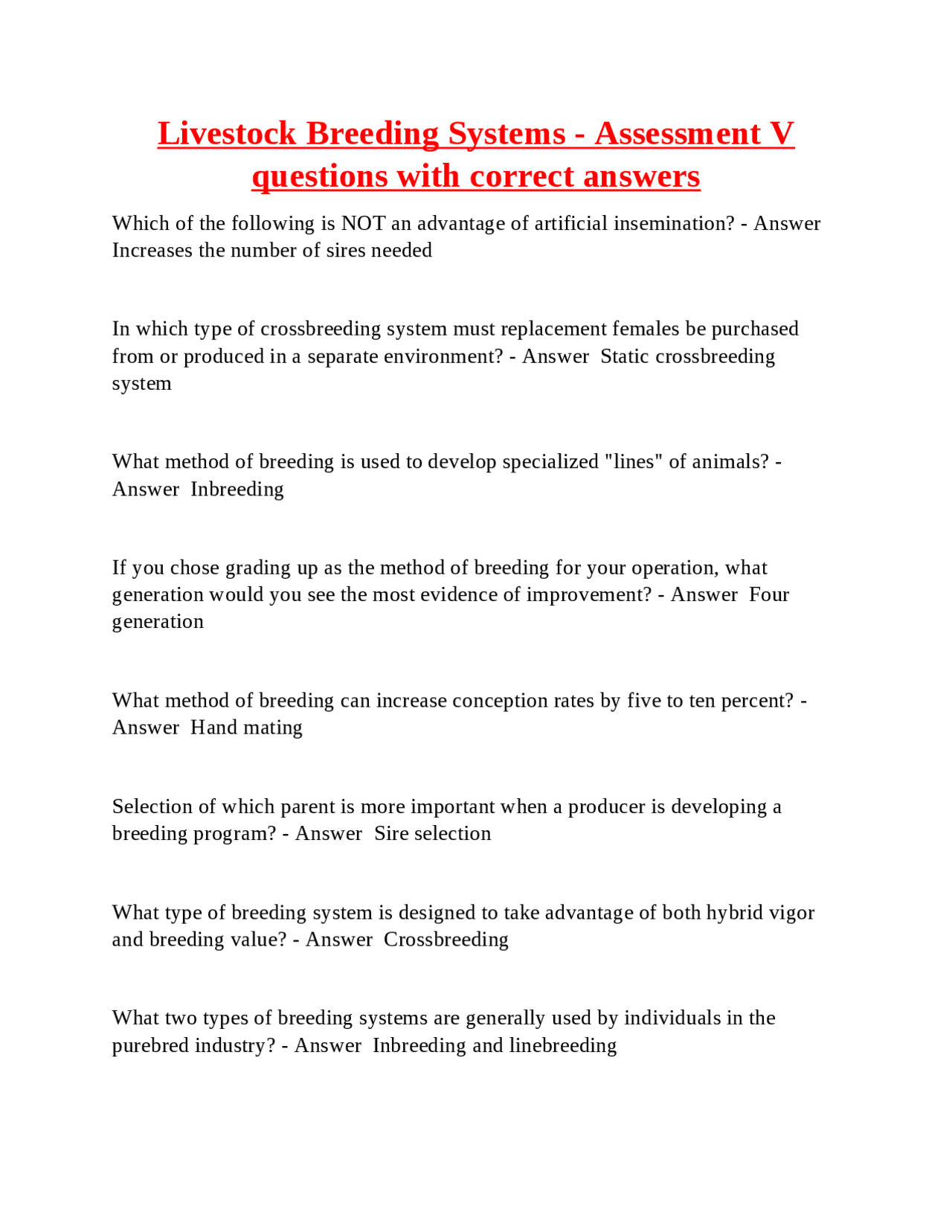 Livestock Breeding Systems Assessment: Multiple Choice Questions and ...