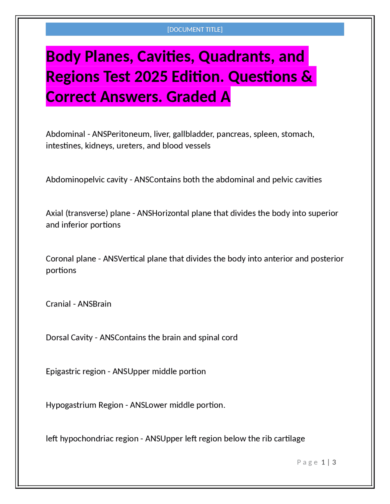 Body Planes, Cavities, Quadrants, and Regions Test: Questions & Answers ...