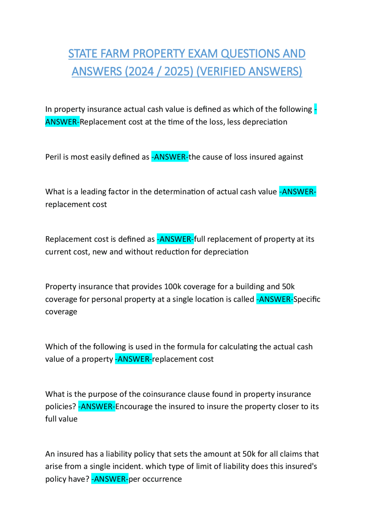STATE FARM PROPERTY EXAM QUESTIONS AND ANSWERS (2024/2025) (VERIFIED ...