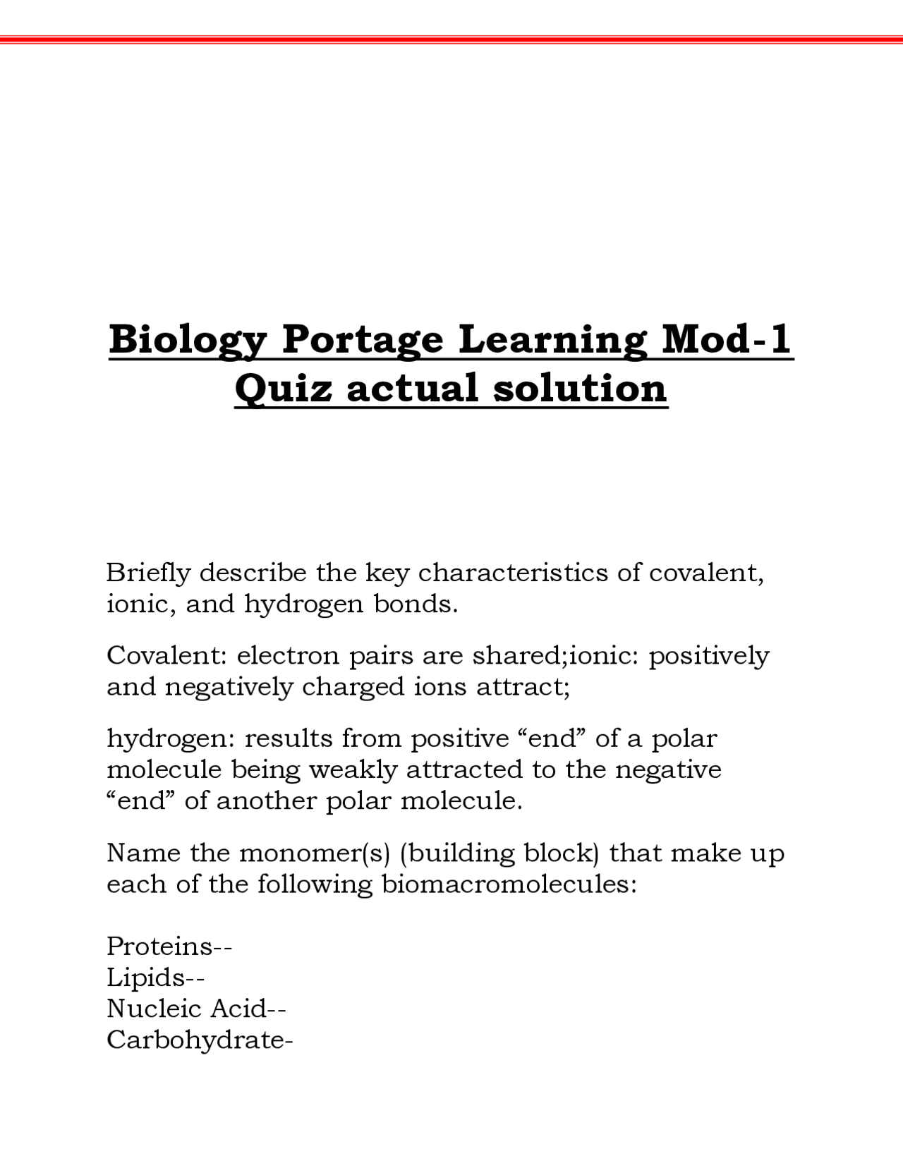 Biology Portage Learning Mod-1 Quiz actual solution .pdf | Exams Nursing | Docsity