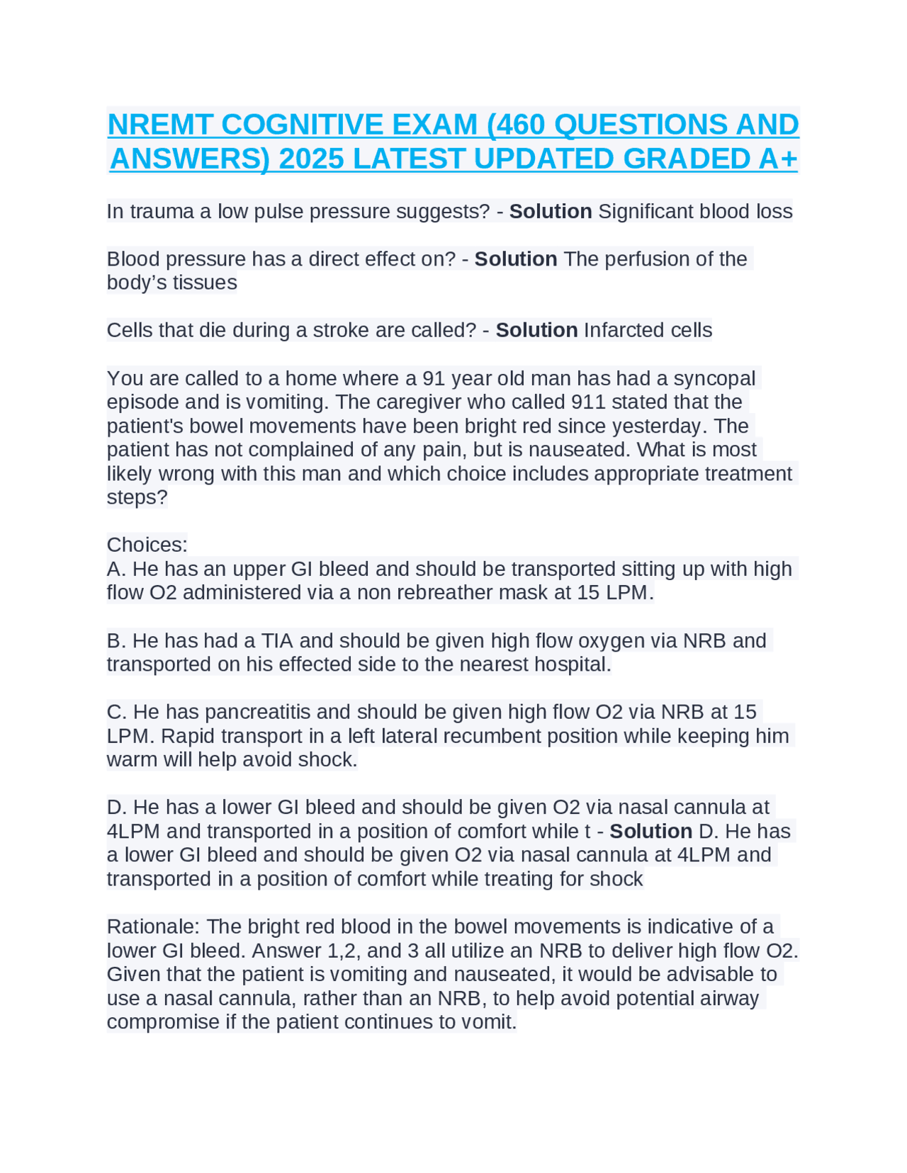 NREMT COGNITIVE EXAM (460 QUESTIONS AND ANSWERS) 2025 LATEST UPDATED ...