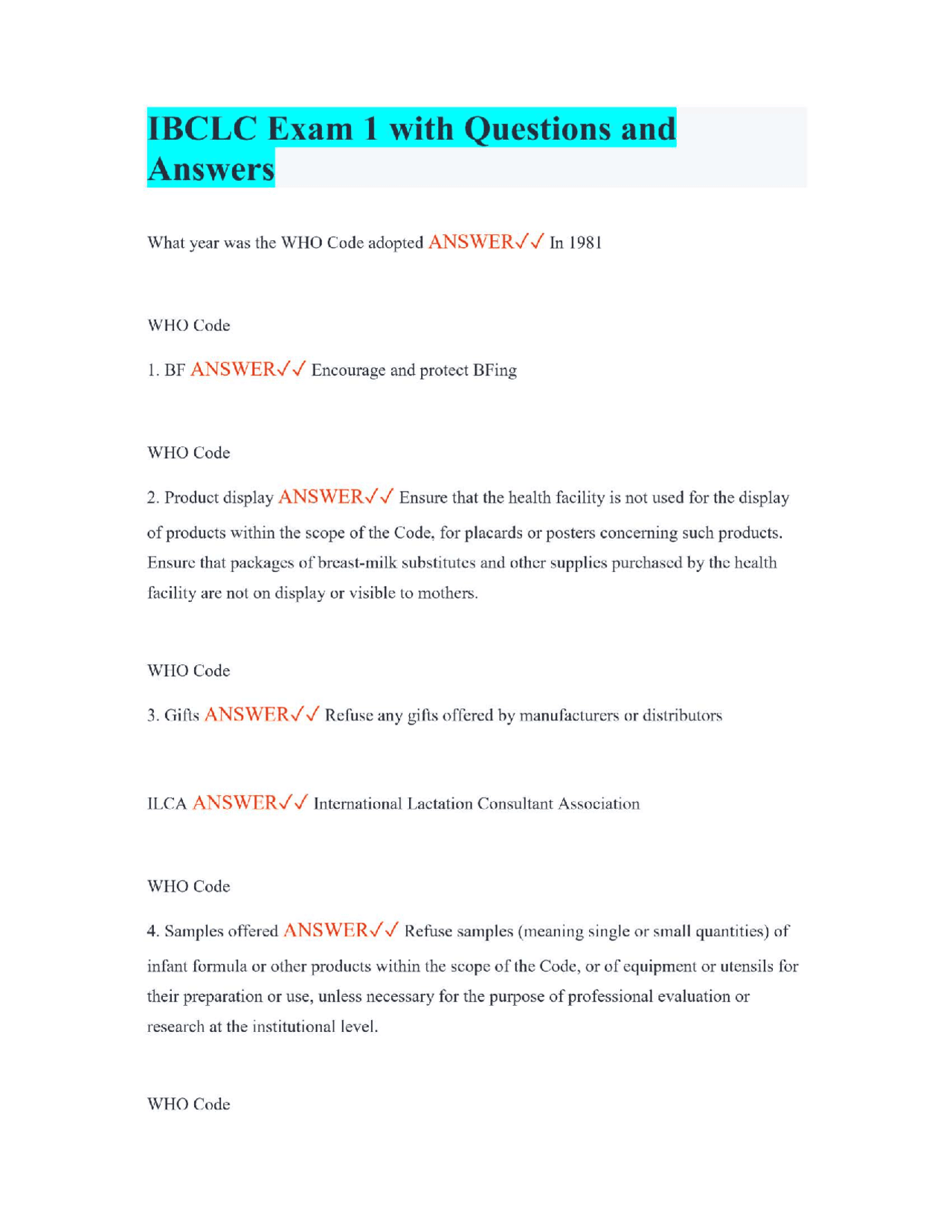 IBCLC Exam 1 with Questions and Answers | Exams Health sciences | Docsity