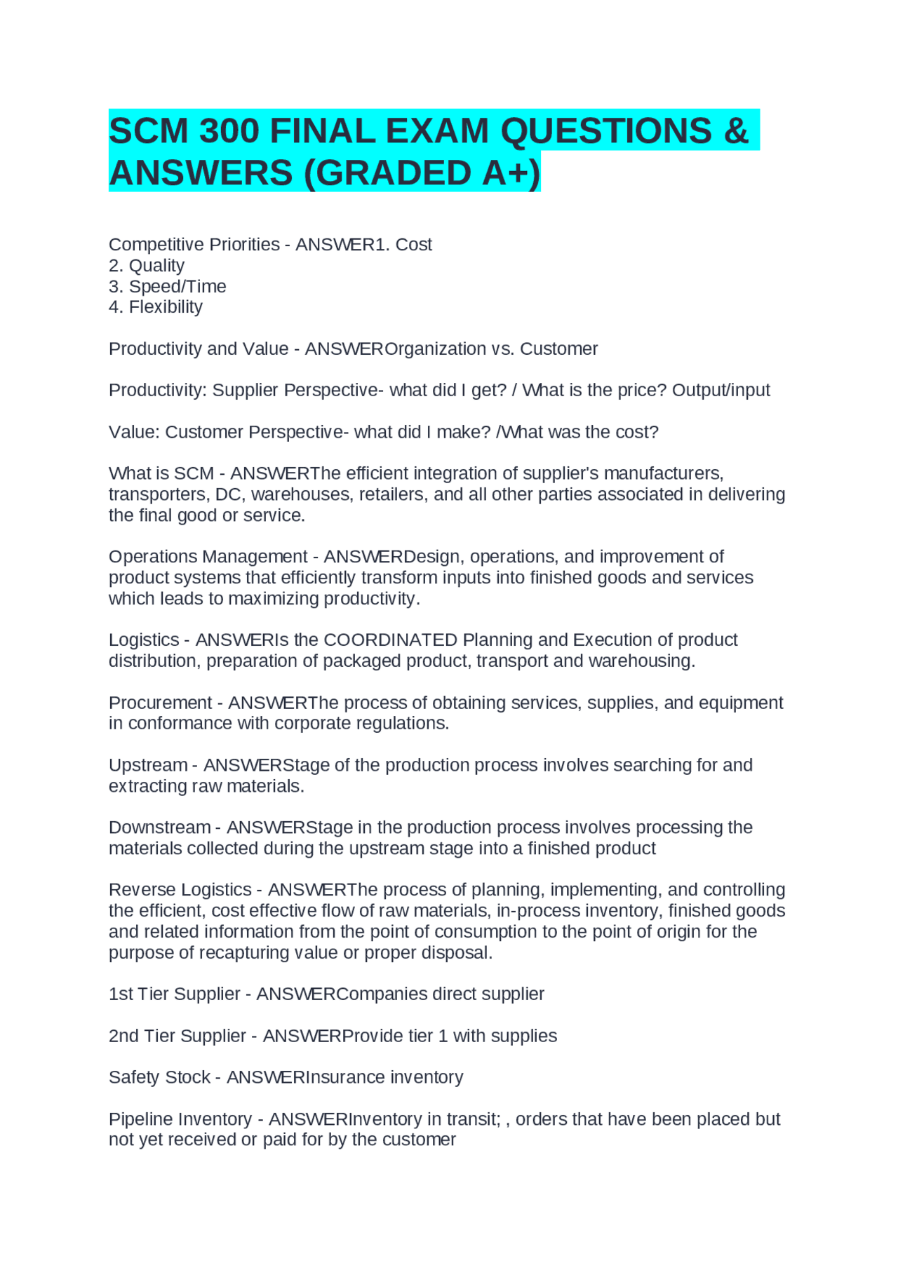 SCM 300 Final Exam Questions & Answers: A Comprehensive Guide to Supply ...