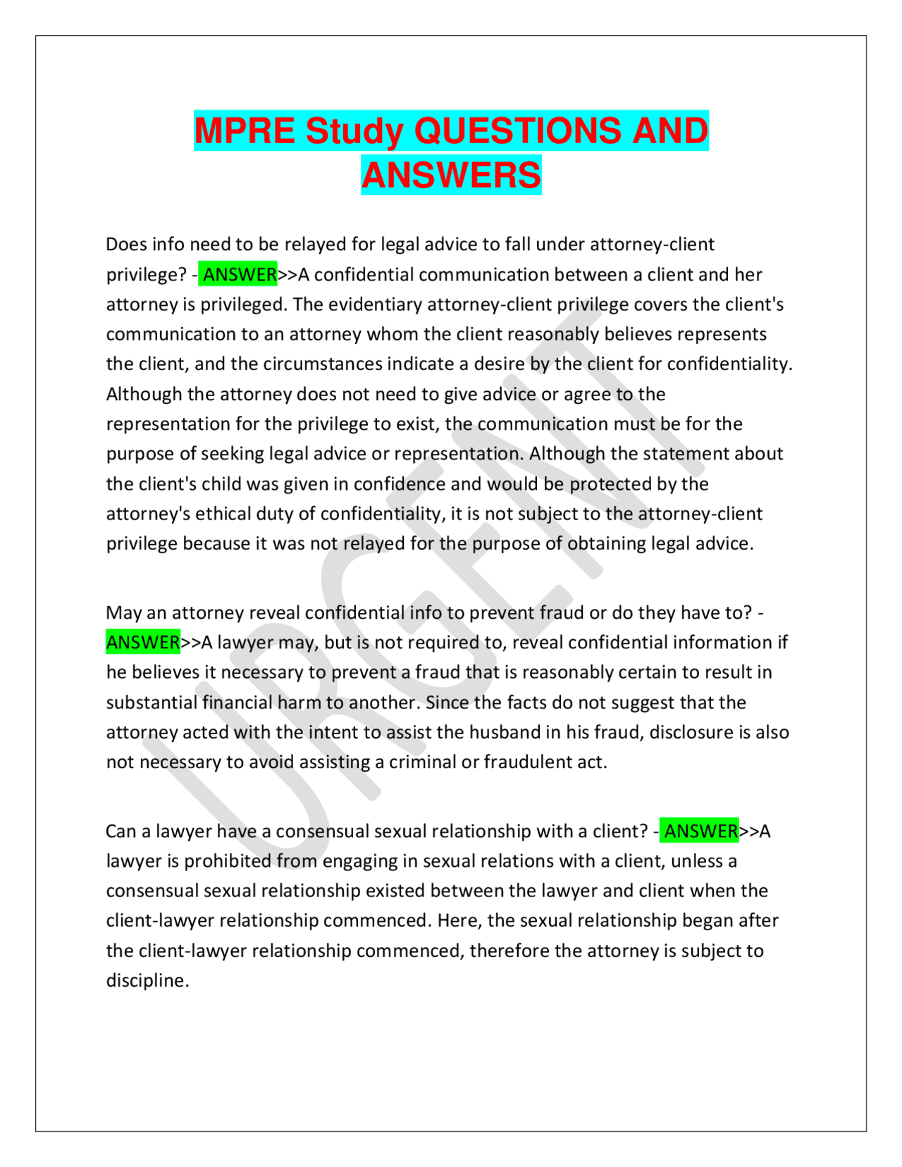 MPRE Study Questions and Answers: A Guide to Ethical and Professional ...