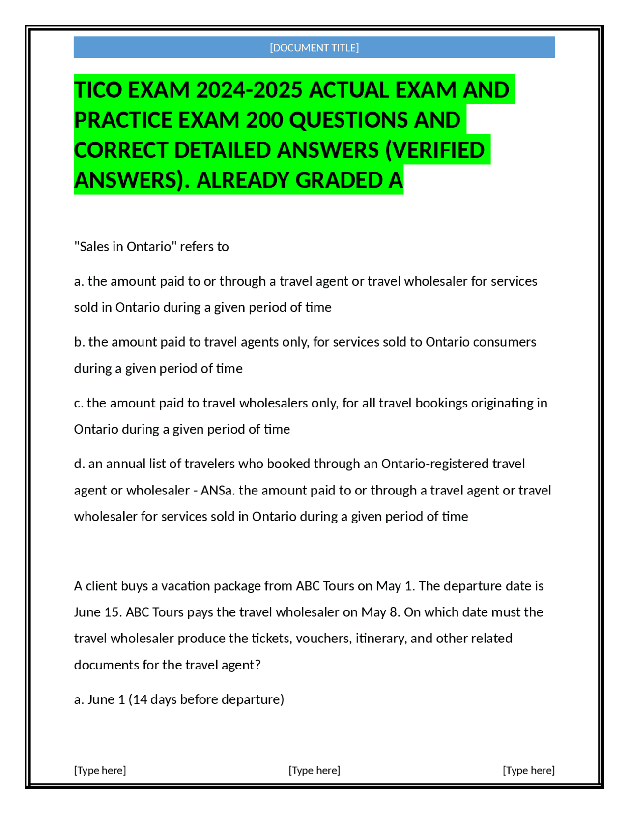 TICO EXAM 2024-2025 ACTUAL EXAM AND PRACTICE EXAM 200 QUESTIONS AND ...