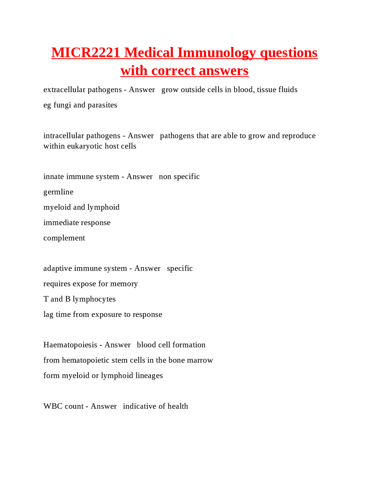 MICR2221 Medical Immunology questions with correct answers | Exams ...