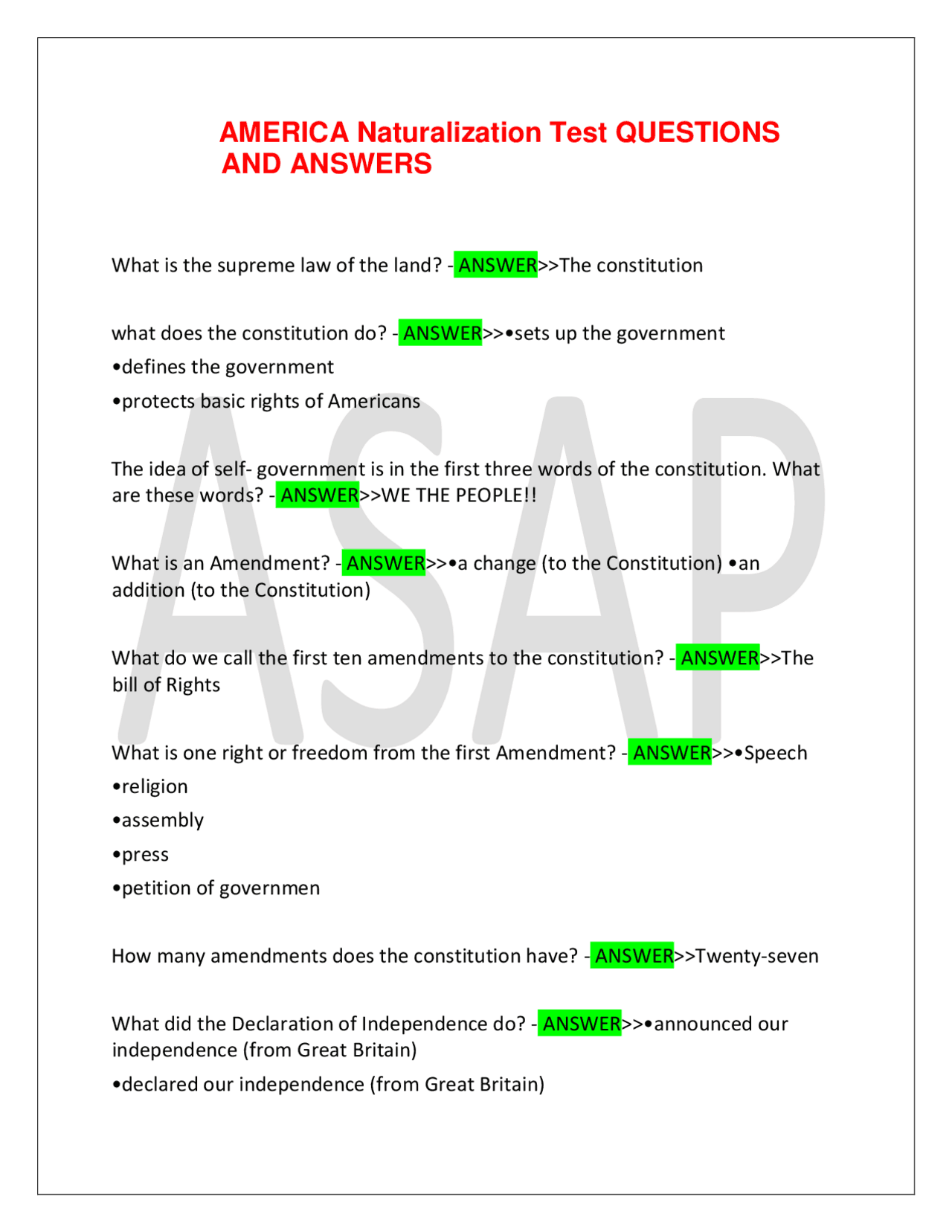 AMERICA Naturalization Test QUESTIONS AND ANSWERS | Exams Nursing | Docsity