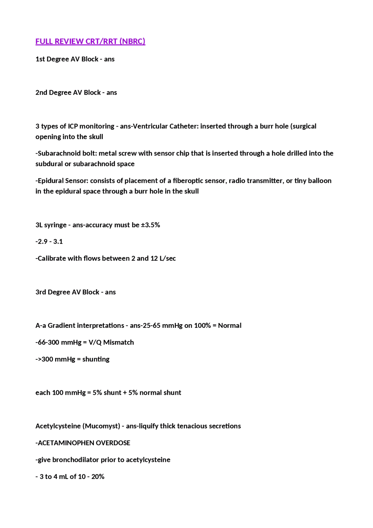 FULL REVIEW CRT/RRT (NBRC) | Exercises Nursing | Docsity