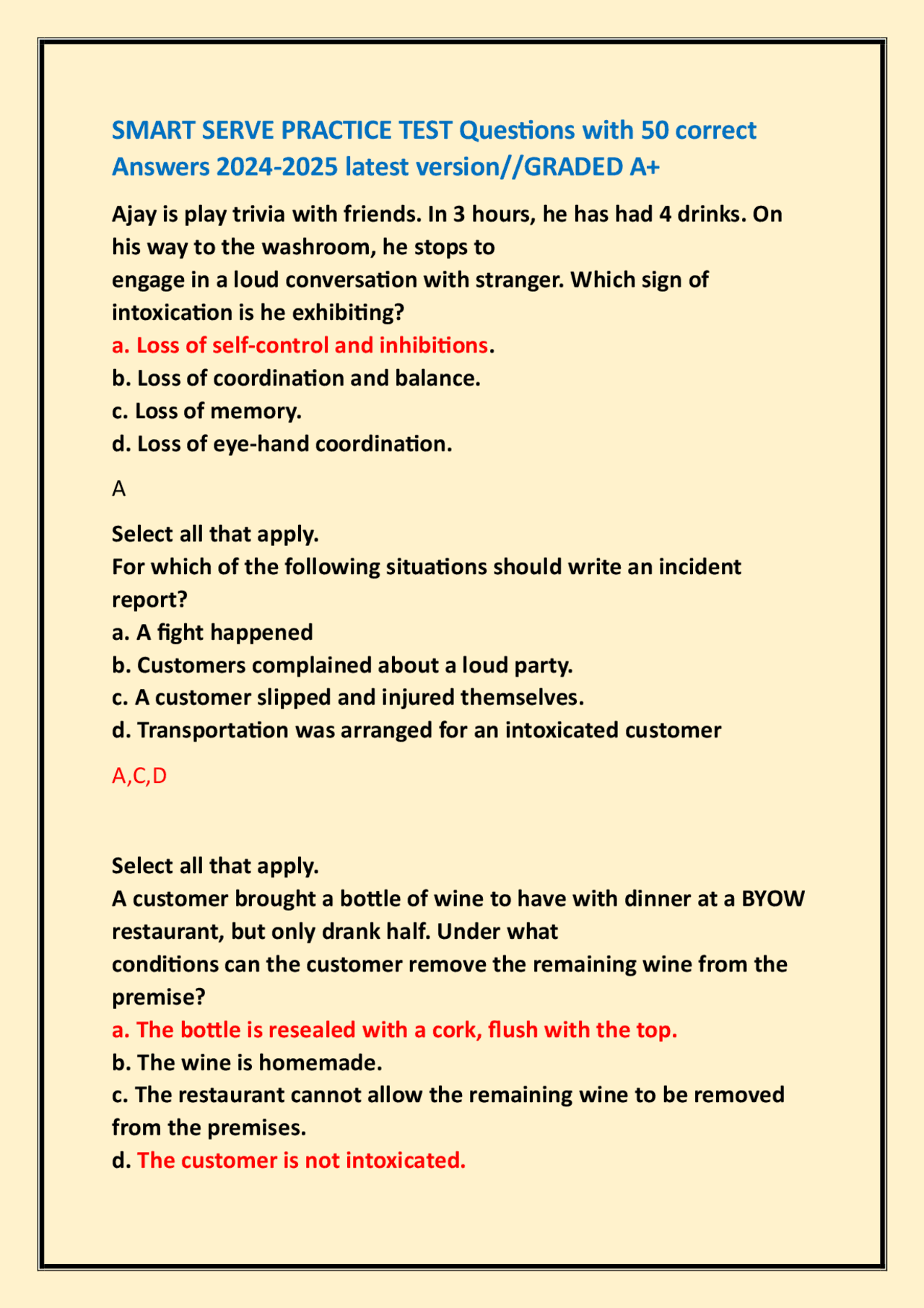 SMART SERVE PRACTICE TEST Questions with 50 correct Answers 2024-2025 ...