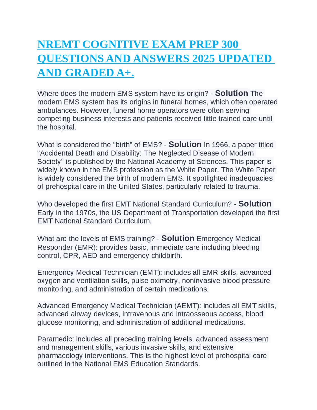 NREMT COGNITIVE EXAM PREP 300 QUESTIONS AND ANSWERS 2025 UPDATED AND ...