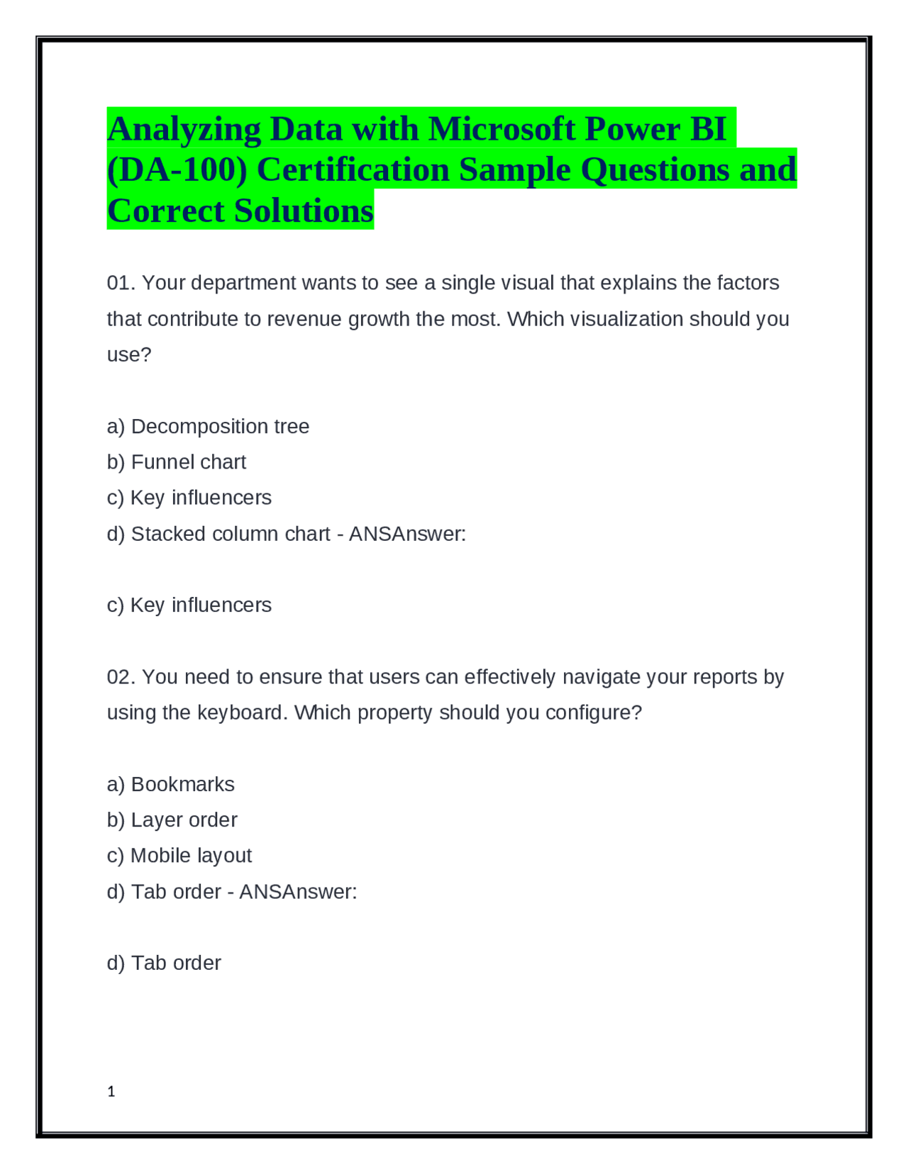 Microsoft Power BI DA-100 Certification Sample Questions and Answers ...