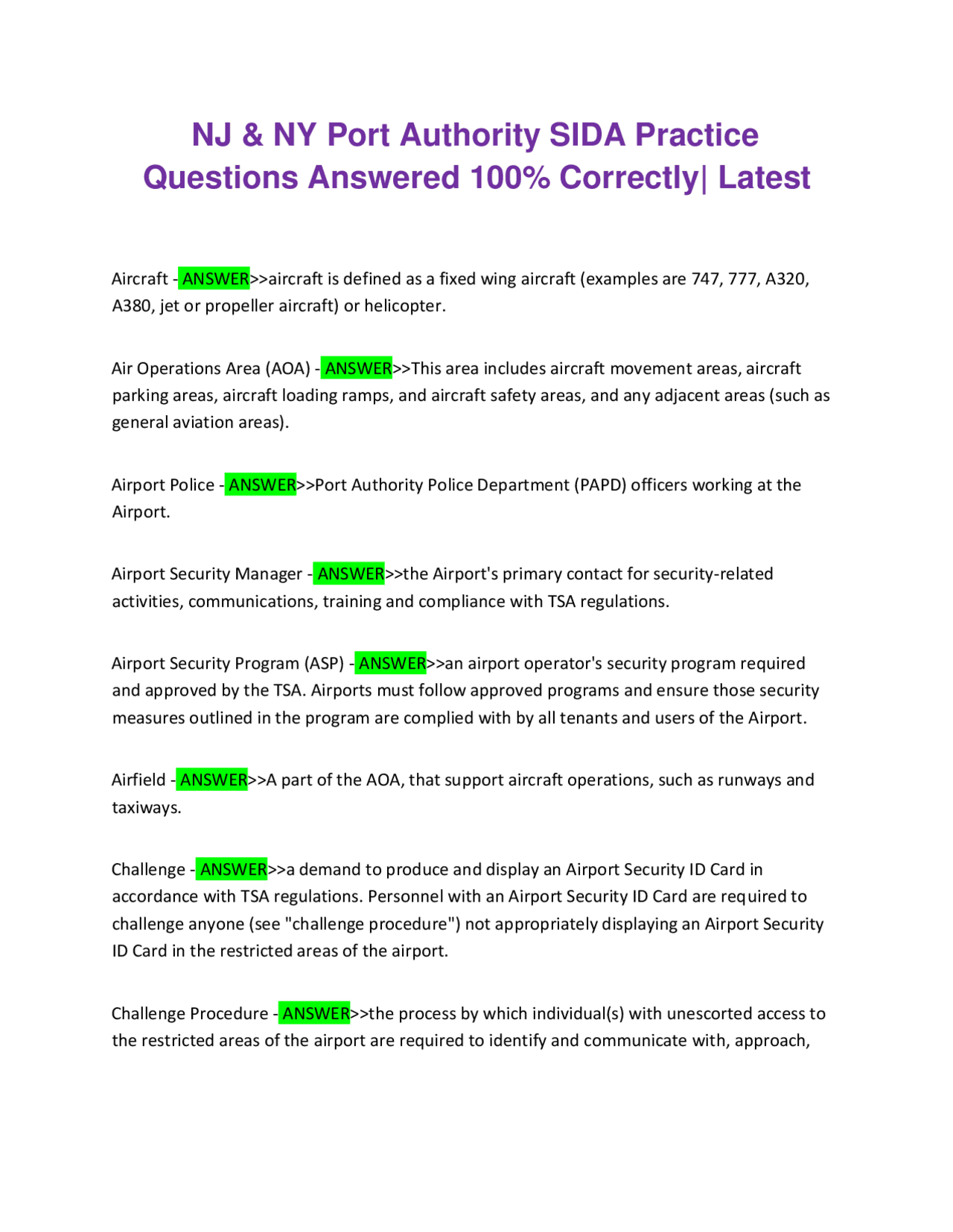 Airport Security Identification Display Area (SIDA) Practice Questions ...