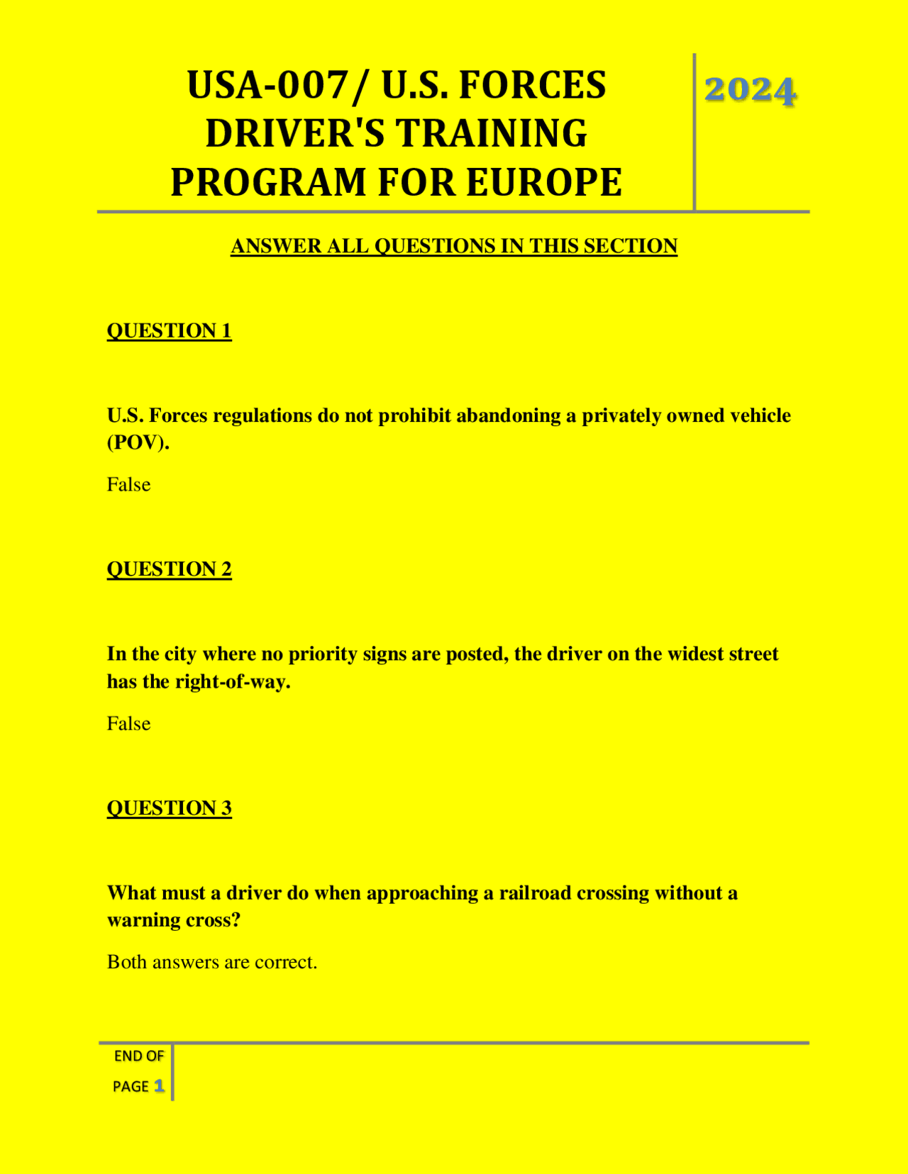 USA-007/ U.S. FORCES DRIVER'S TRAINING PROGRAM FOR EUROPE QUESTIONS AND ...