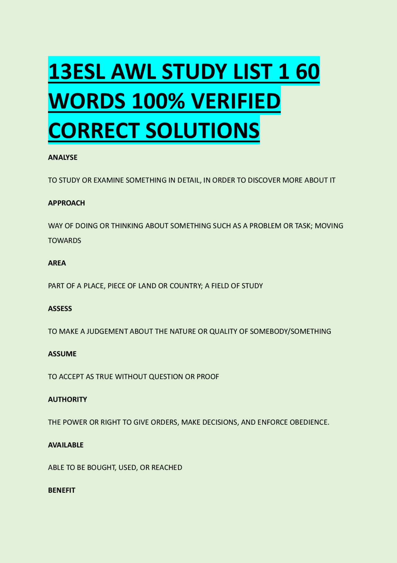 13ESL AWL STUDY LIST 1 60 WORDS 100% VERIFIED CORRECT SOLUTIONS | Exams ...