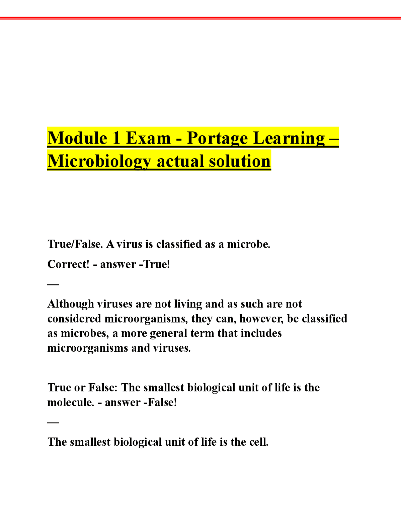Module 1 Exam - Portage Learning – Microbiology actual solution .pdf | Exams Nursing | Docsity