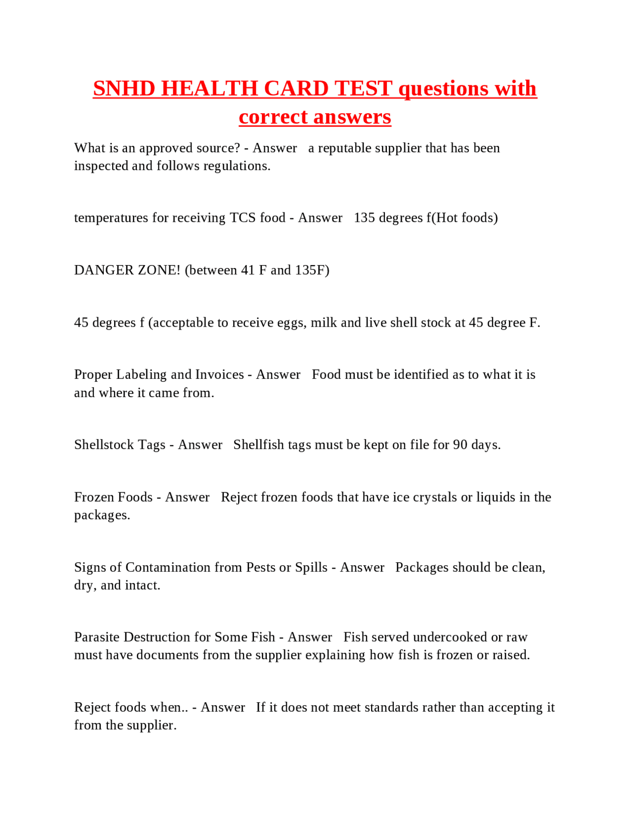 SNHD HEALTH CARD TEST questions with correct answers | Exams Nursing ...