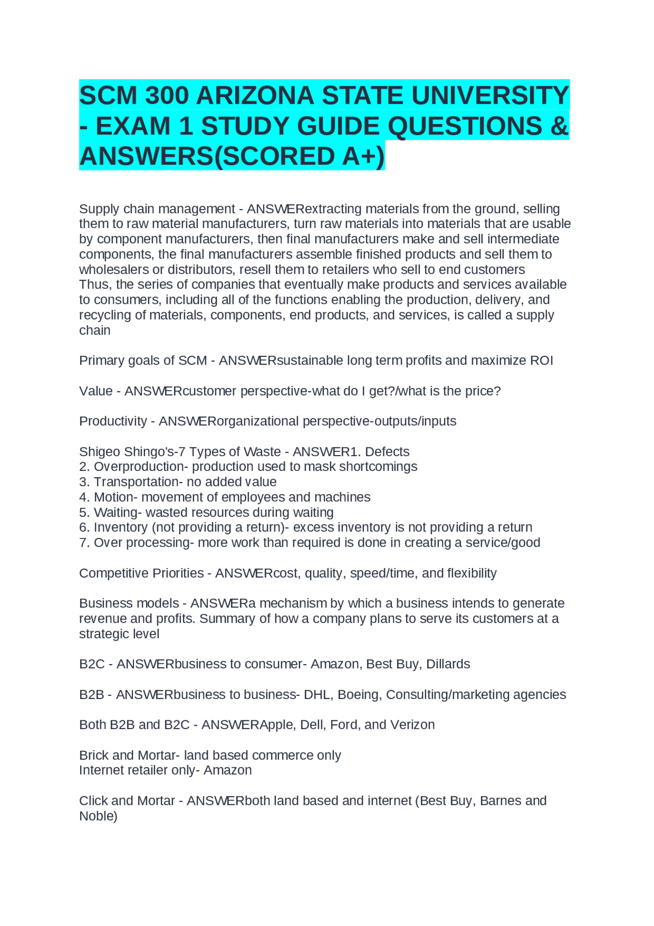 SCM 300 ARIZONA STATE UNIVERSITY - EXAM 1 STUDY GUIDE QUESTIONS ...