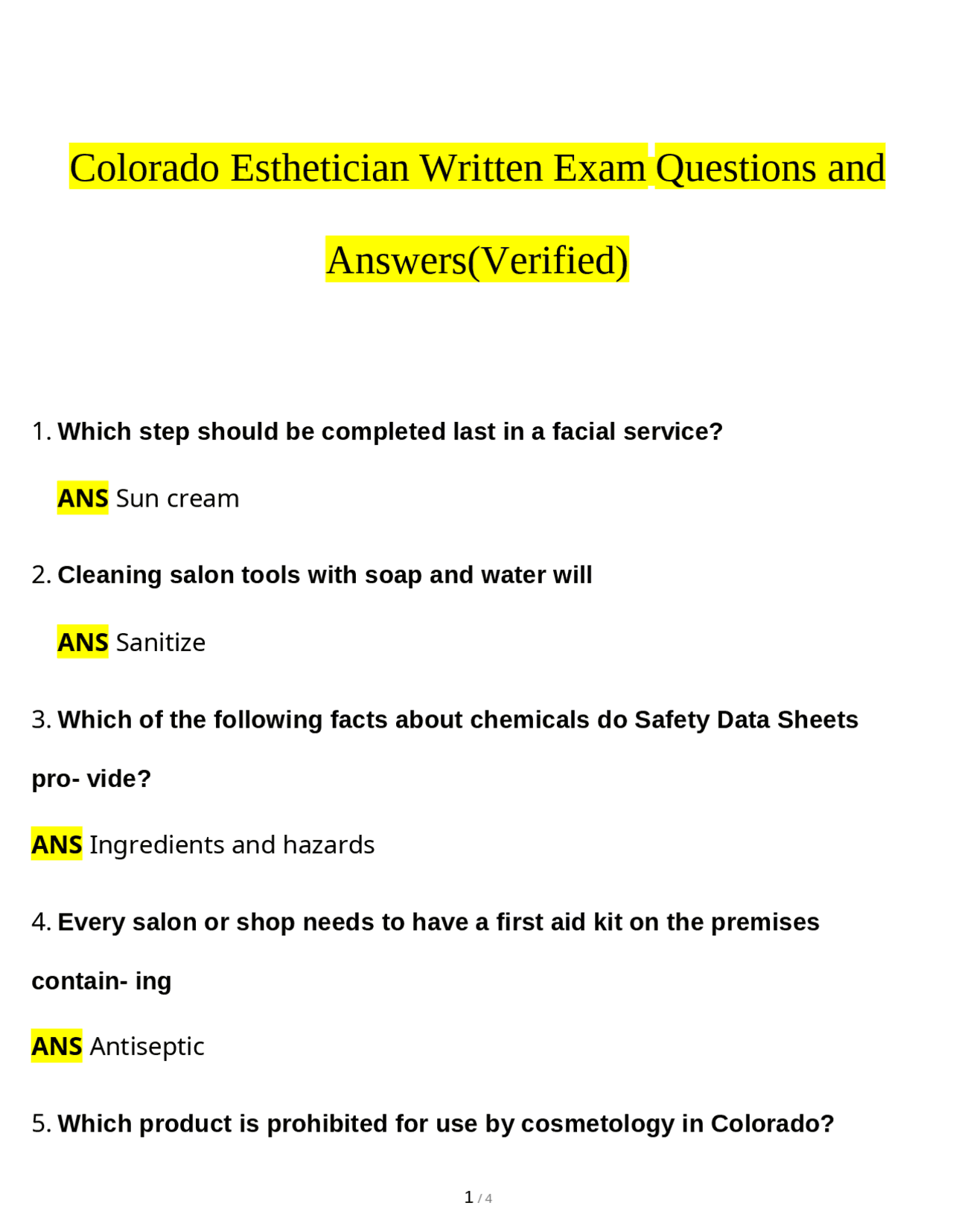 Colorado Esthetician Written Exam tested questions (latest 2025 / 2026 ...