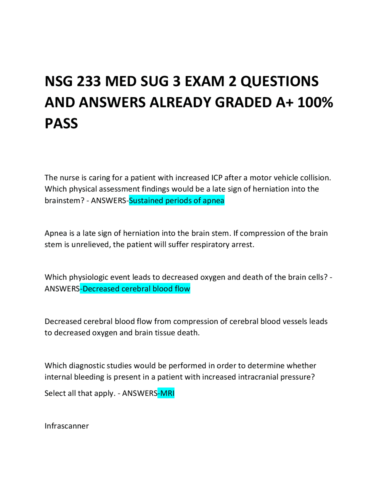 NSG 233 MED SUG 3 EXAM 2 QUESTIONS AND ANSWERS: Increased Intracranial ...