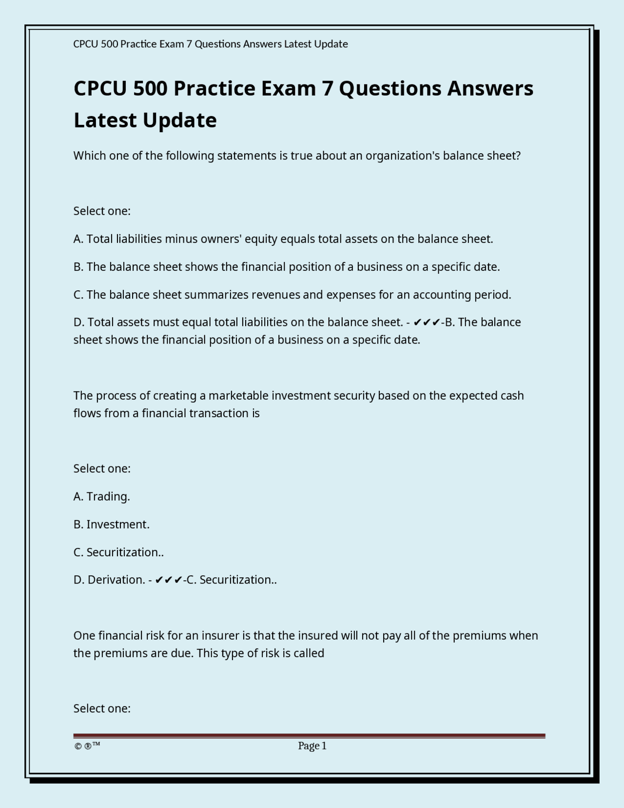 CPCU 500 Practice Exam 7 Questions Answers Latest Update | Exams ...