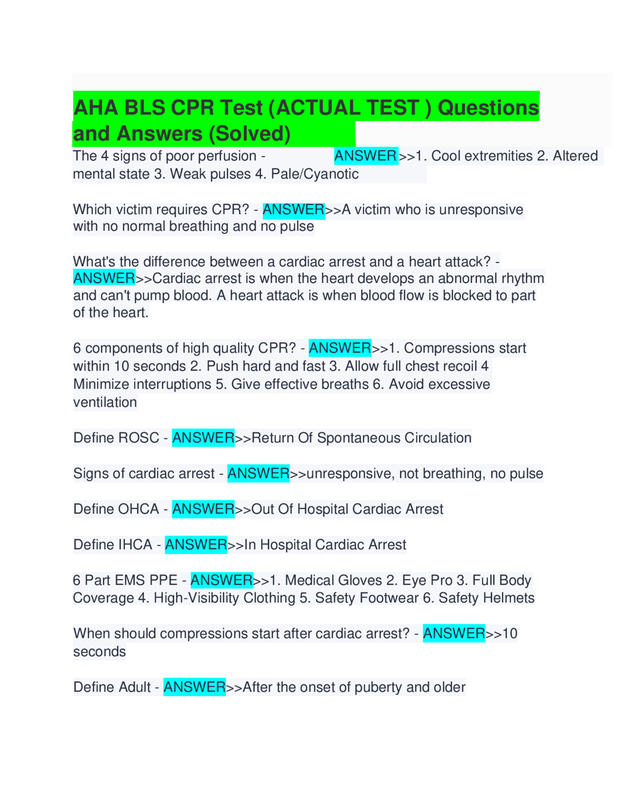 AHA BLS CPR Test Questions and Answers (Solved) | Exams Nursing | Docsity
