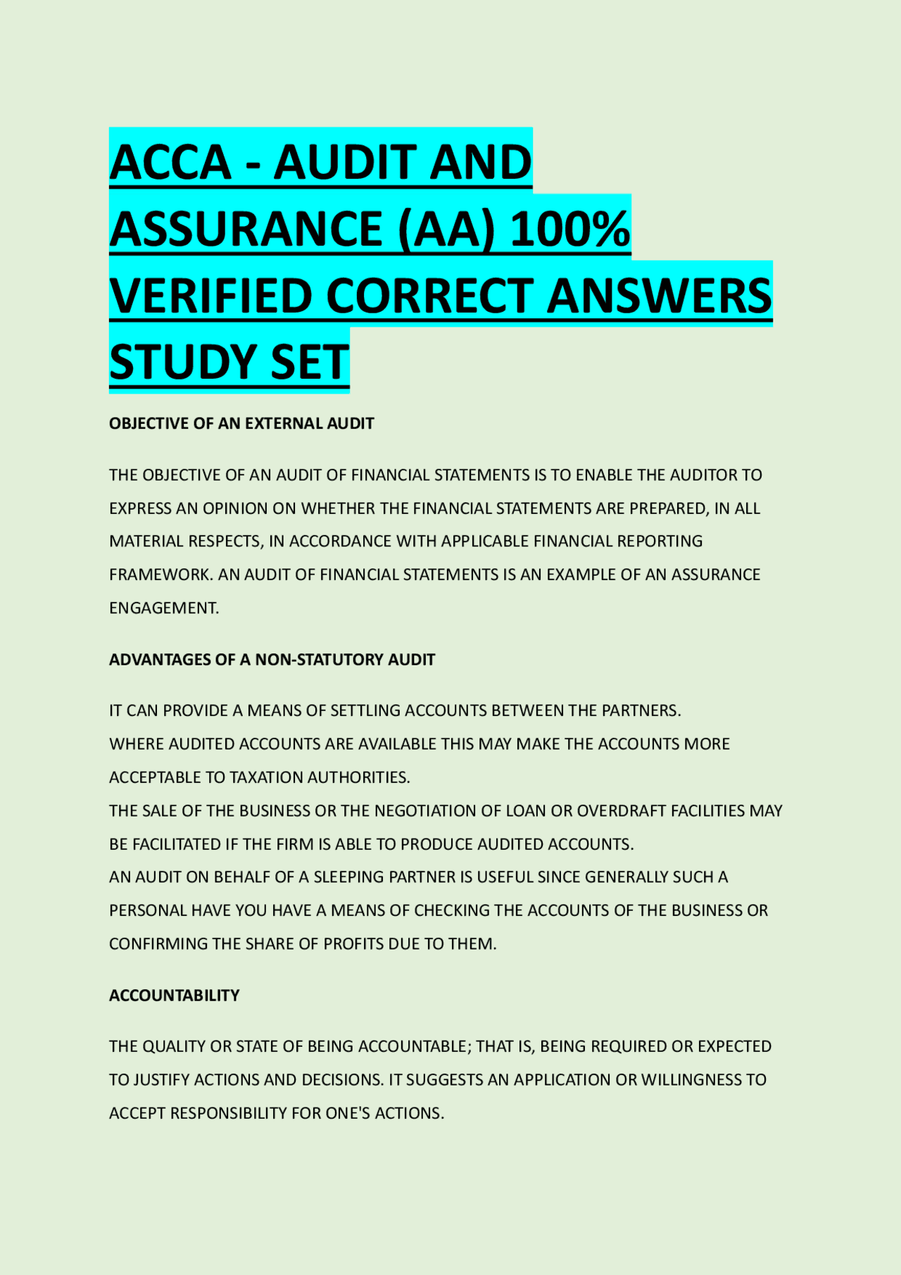 ACCA - AUDIT AND ASSURANCE (AA) 100% VERIFIED CORRECT ANSWERS STUDY SET ...