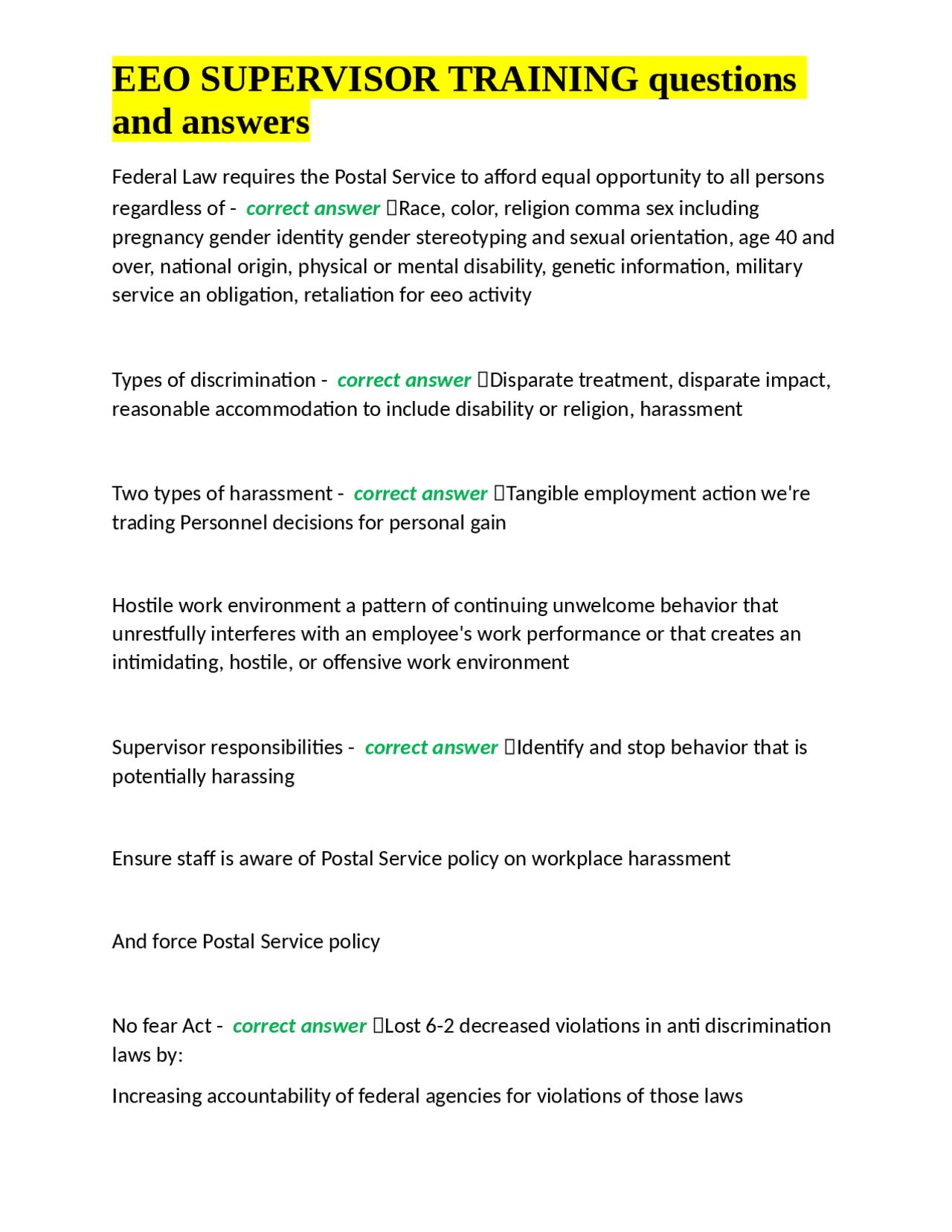 EEO Supervisor Training: Questions and Answers | Exams Nursing | Docsity