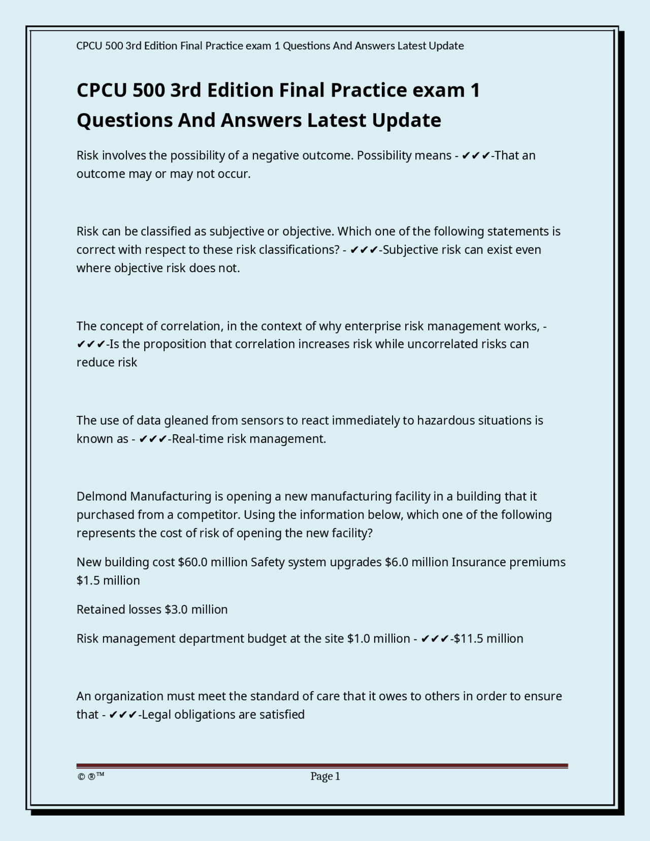 CPCU 500 3rd Edition Final Practice exam 1 Questions And Answers Latest ...