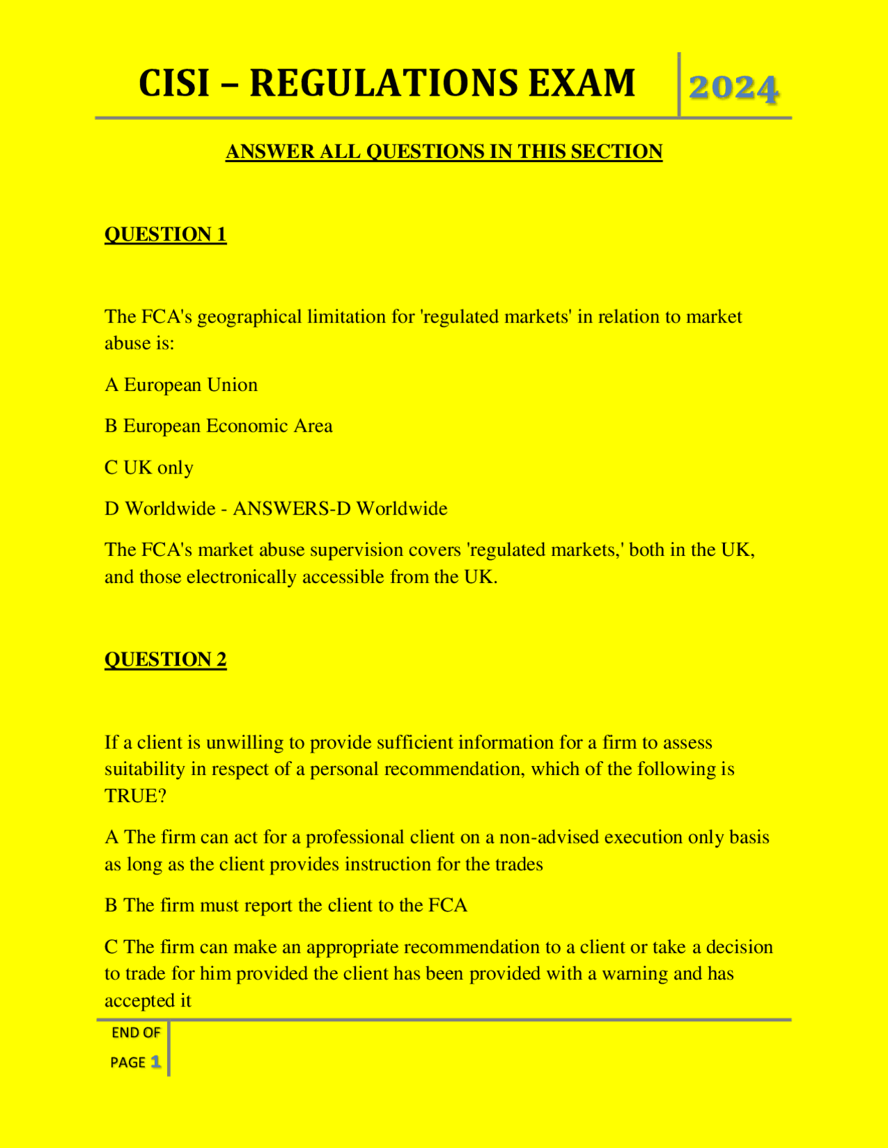 CISI Regulations Exam 2024: Multiple Choice Questions and Answers ...