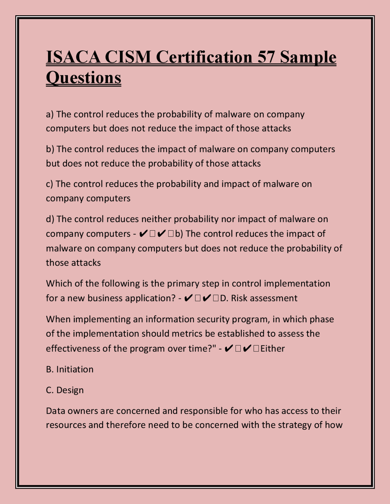 ISACA CISM Certification 57 Sample Questions With Verified Answers | Exams Computer Science ...