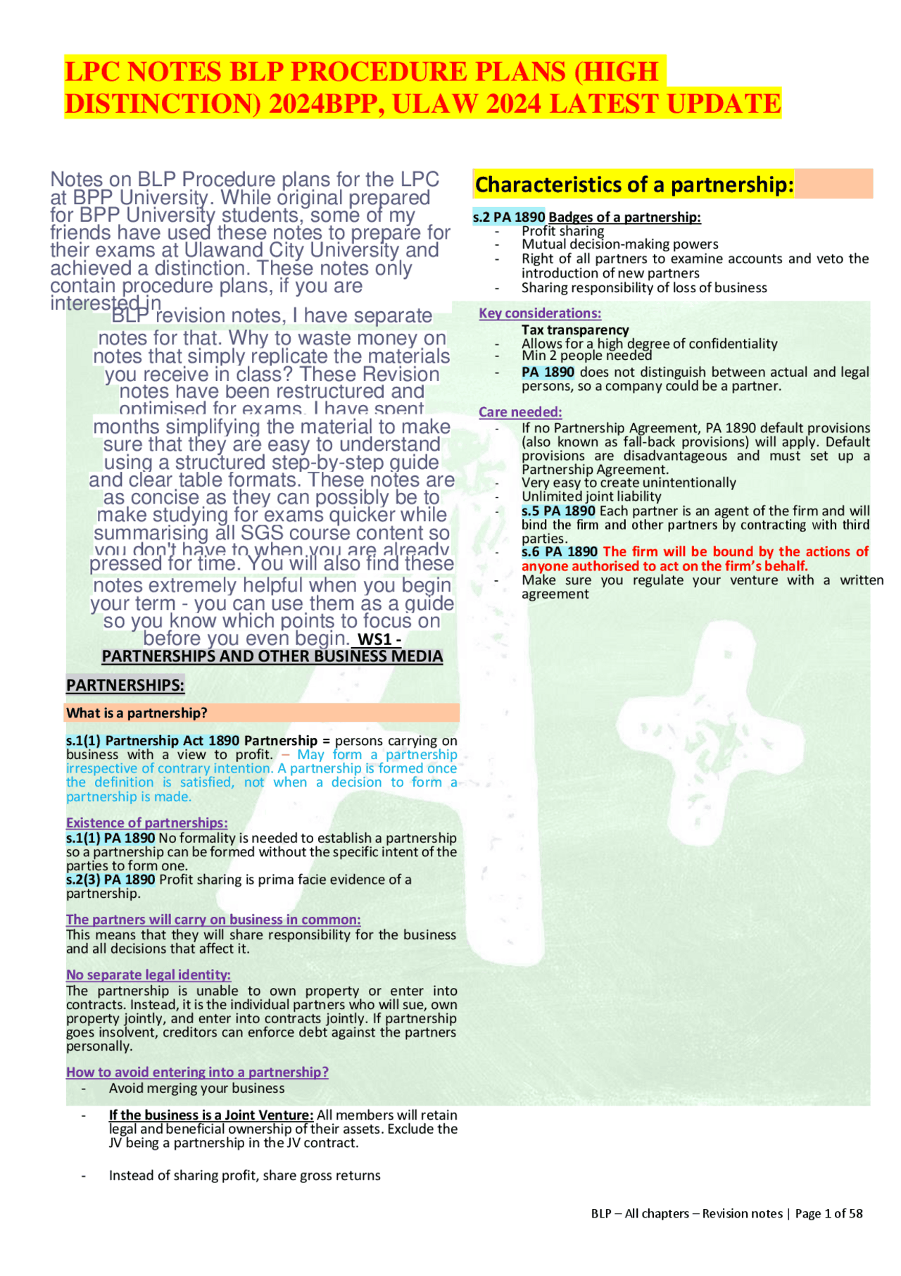 LPC Notes BLP Procedure Plans (High Distinction) 2023 BPP, ULaw (1).pdf ...