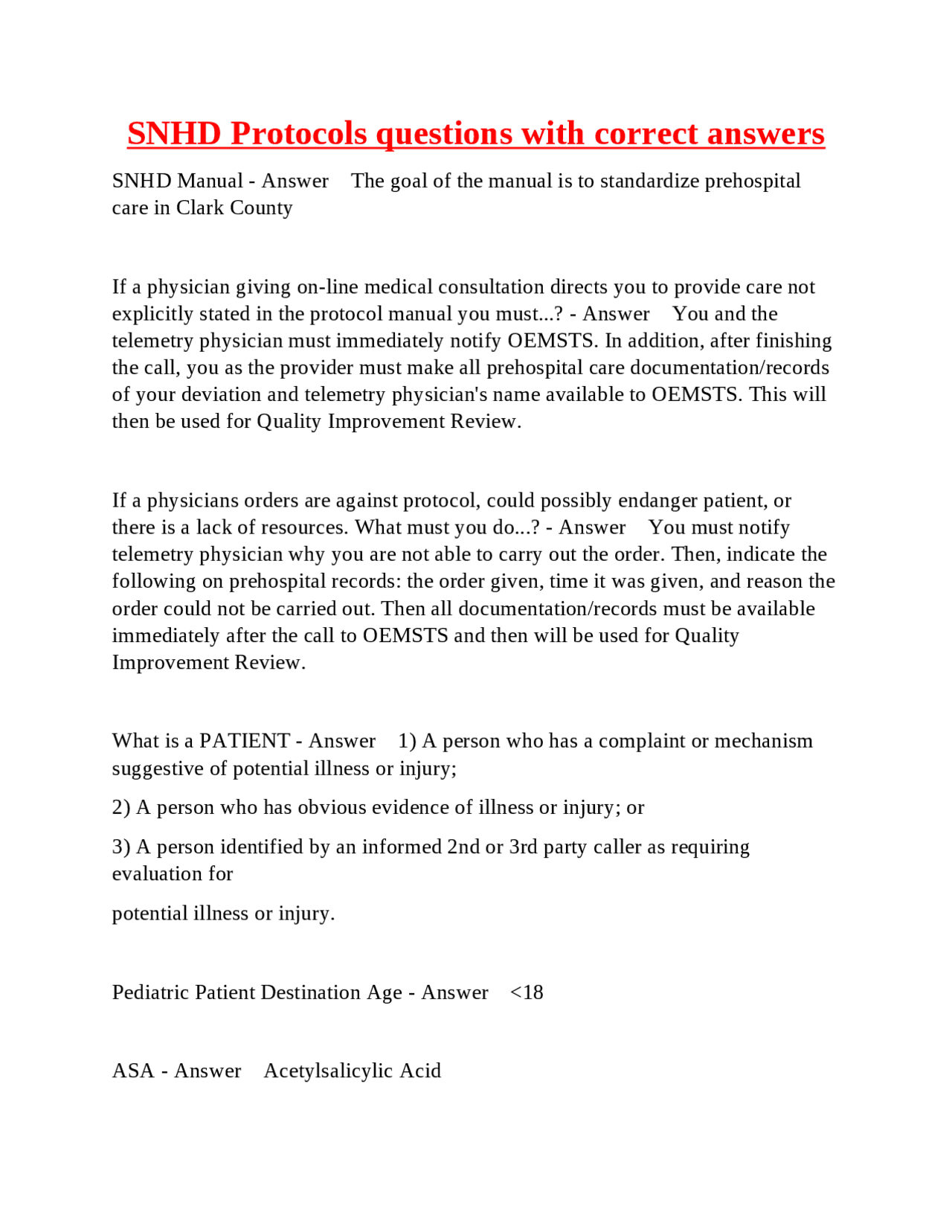 SNHD Protocols Questions and Answers: A Guide to Prehospital Care in ...