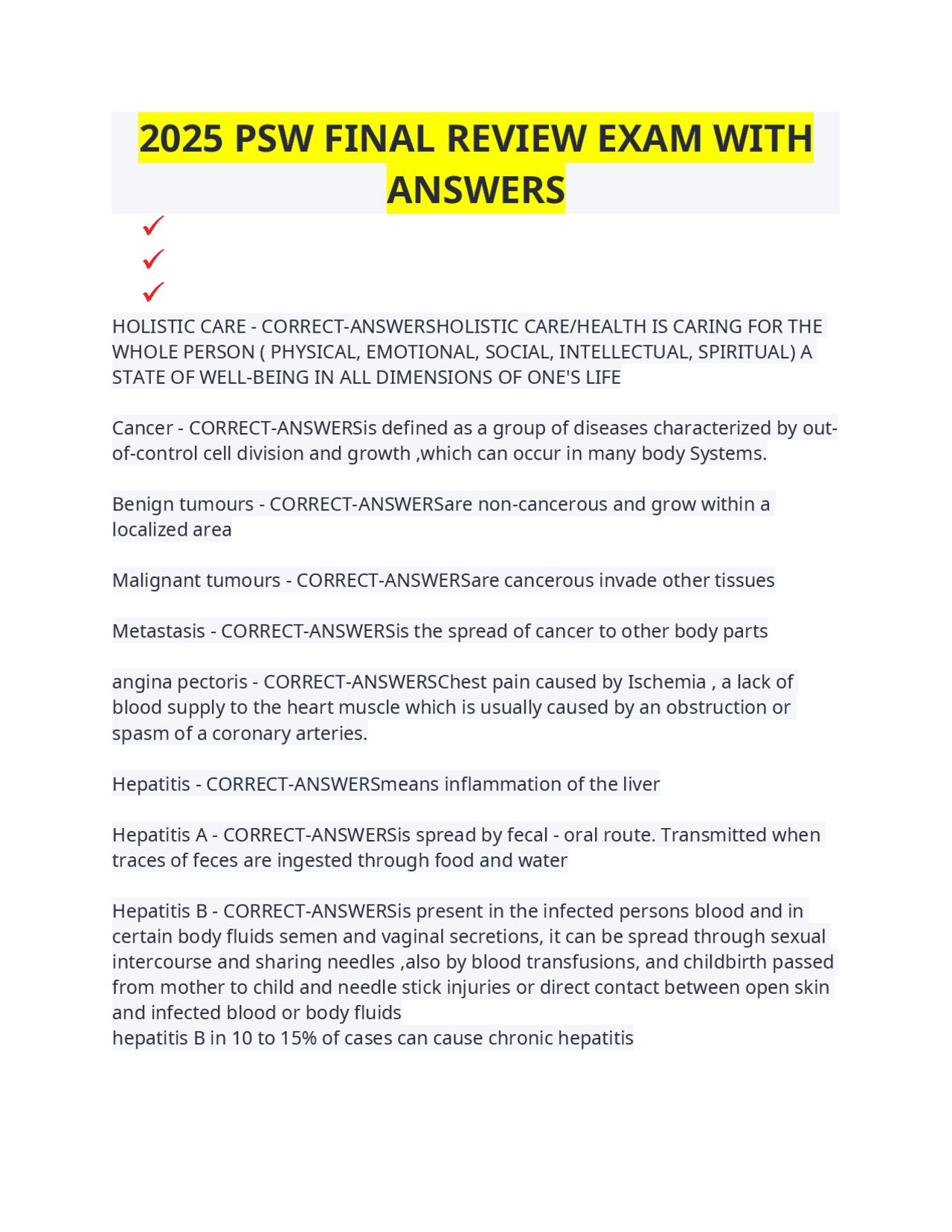 PSW Final Review Exam with Answers: Holistic Care, Diseases ...