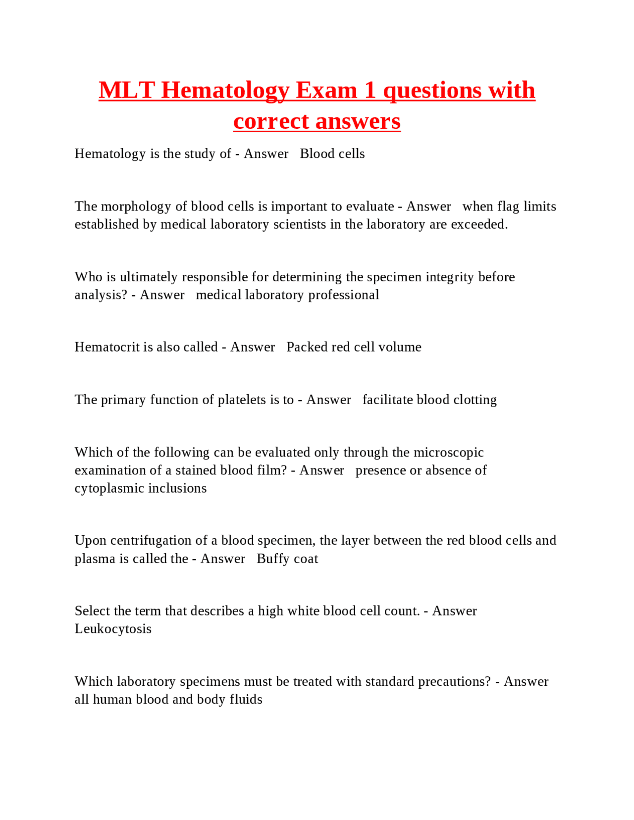 Hematology Exam 1 Questions and Answers | Exams Nursing | Docsity