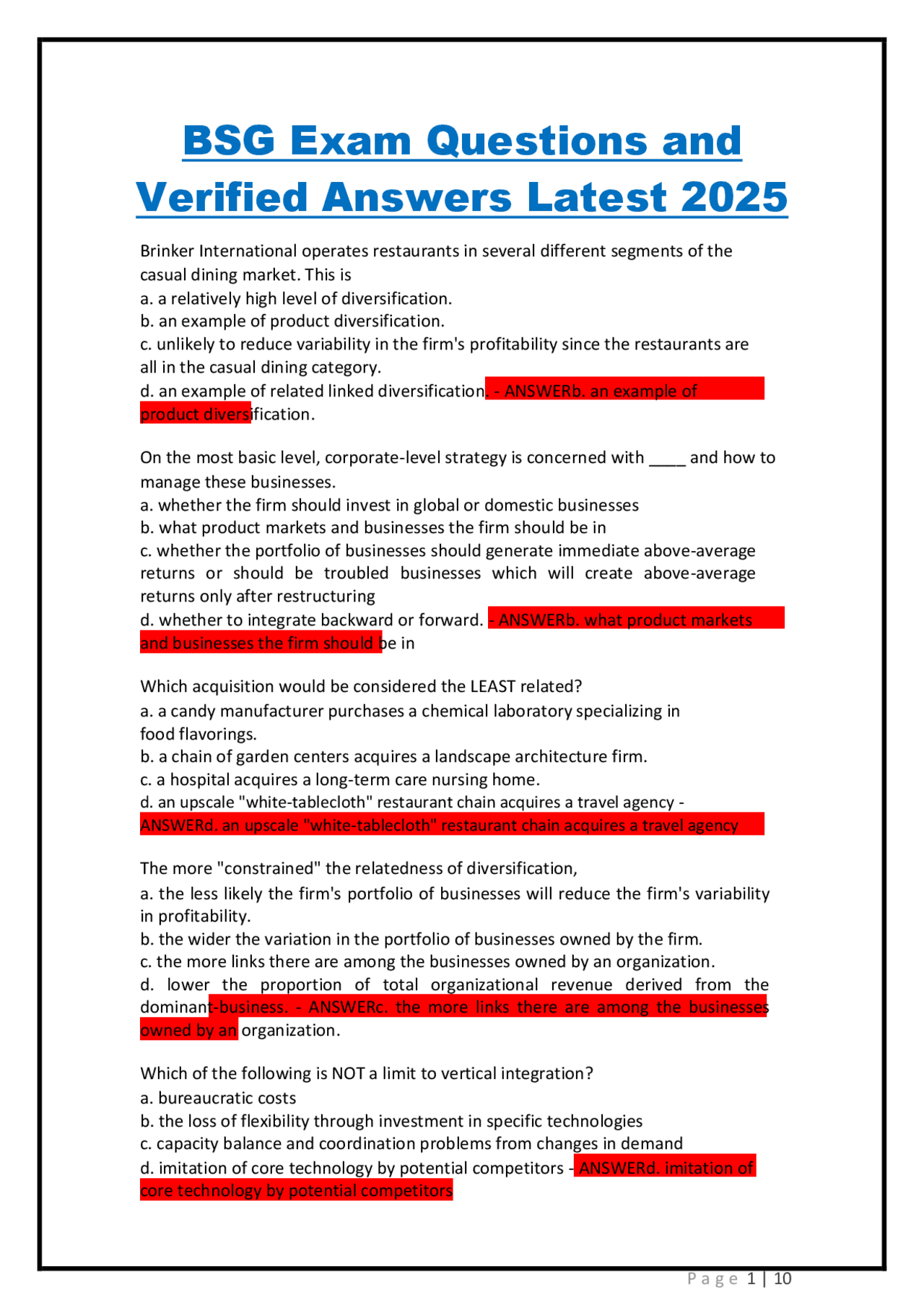 BSG Exam Questions & Answers: Business Strategy & Governance (2025 ...