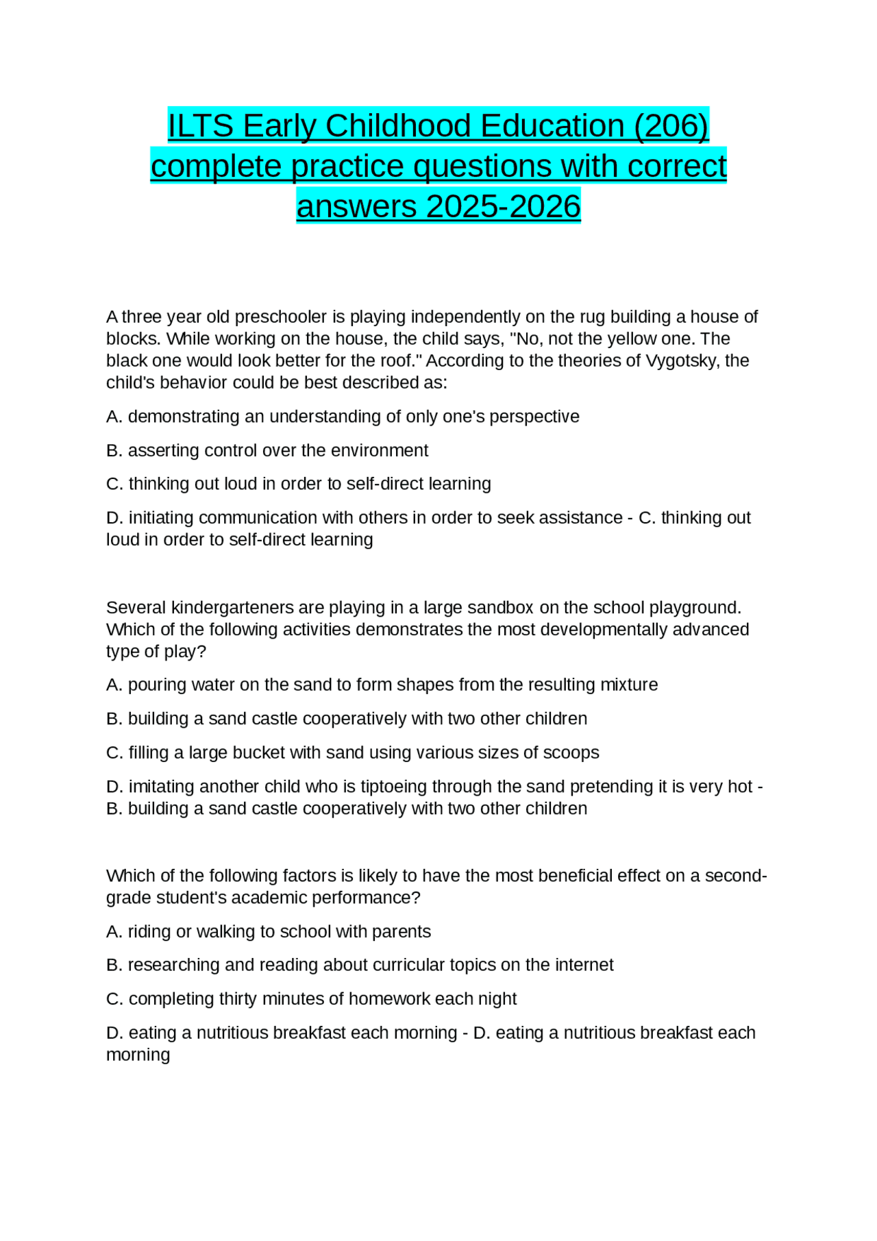 ILTS Early Childhood Education (206) complete practice questions with ...