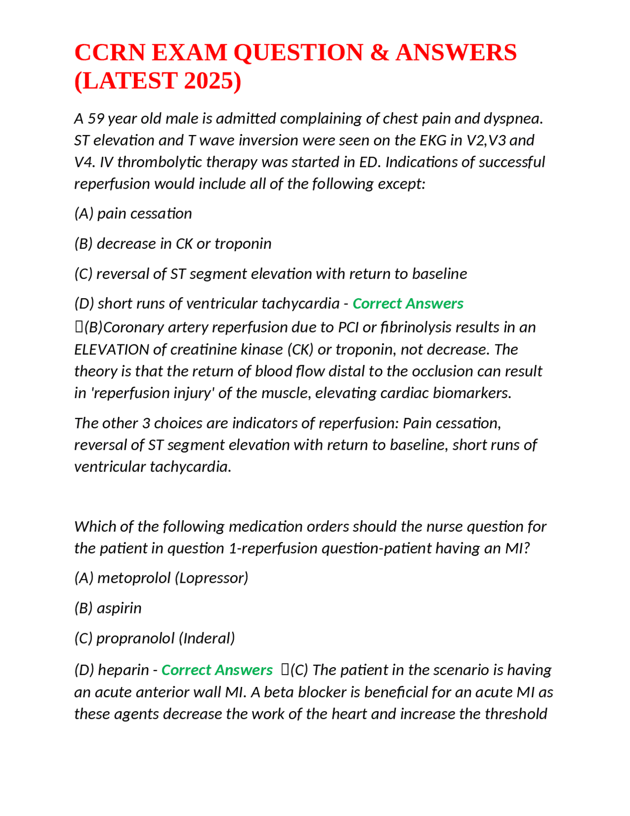 CCRN Exam Questions and Answers: Critical Care Nursing Practice | Exams ...