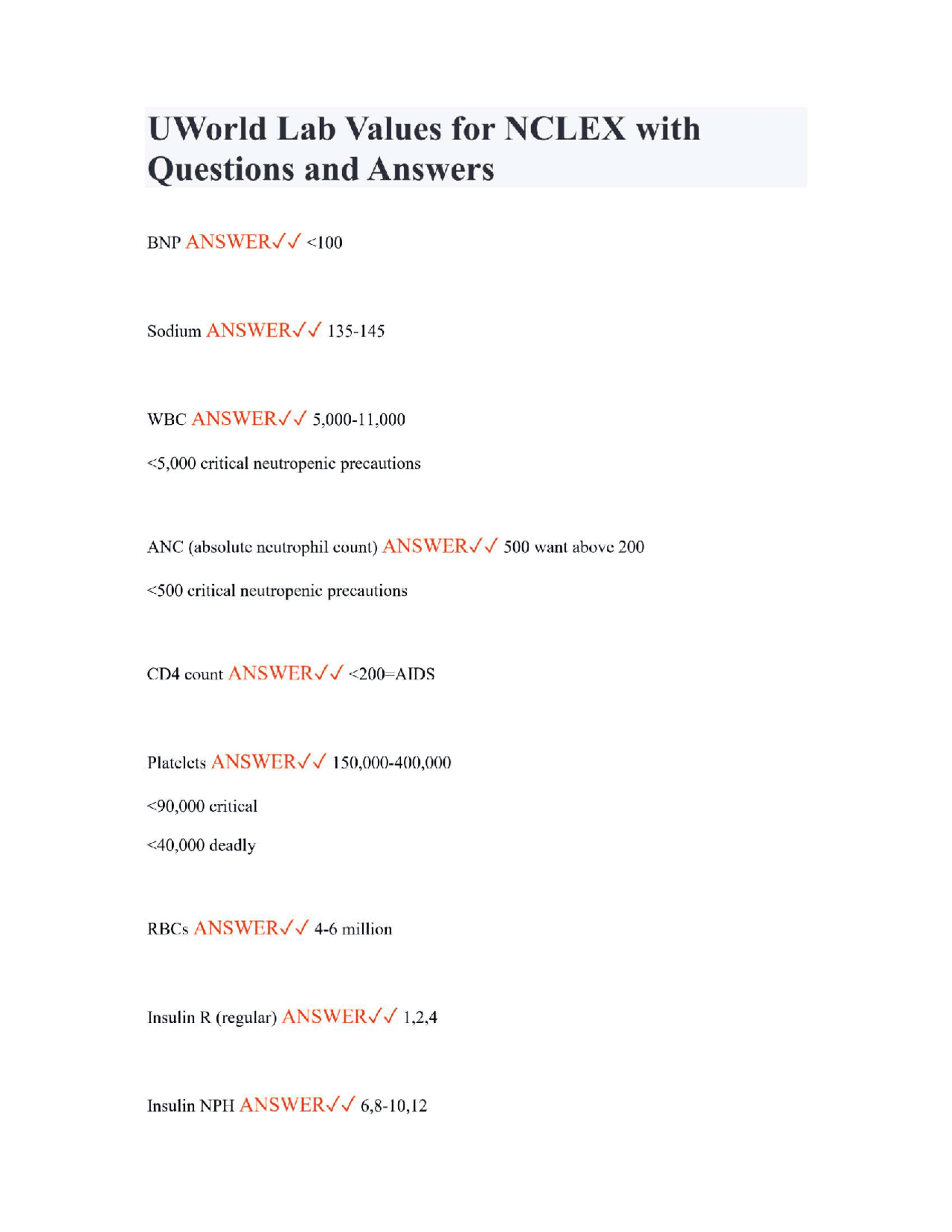 UWorld Lab Values for NCLEX with Questions and Answers | Exams Nursing ...