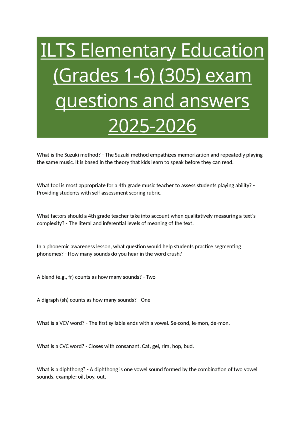 ILTS Elementary Education (Grades 1-6) (305) Exam Questions and Answers ...