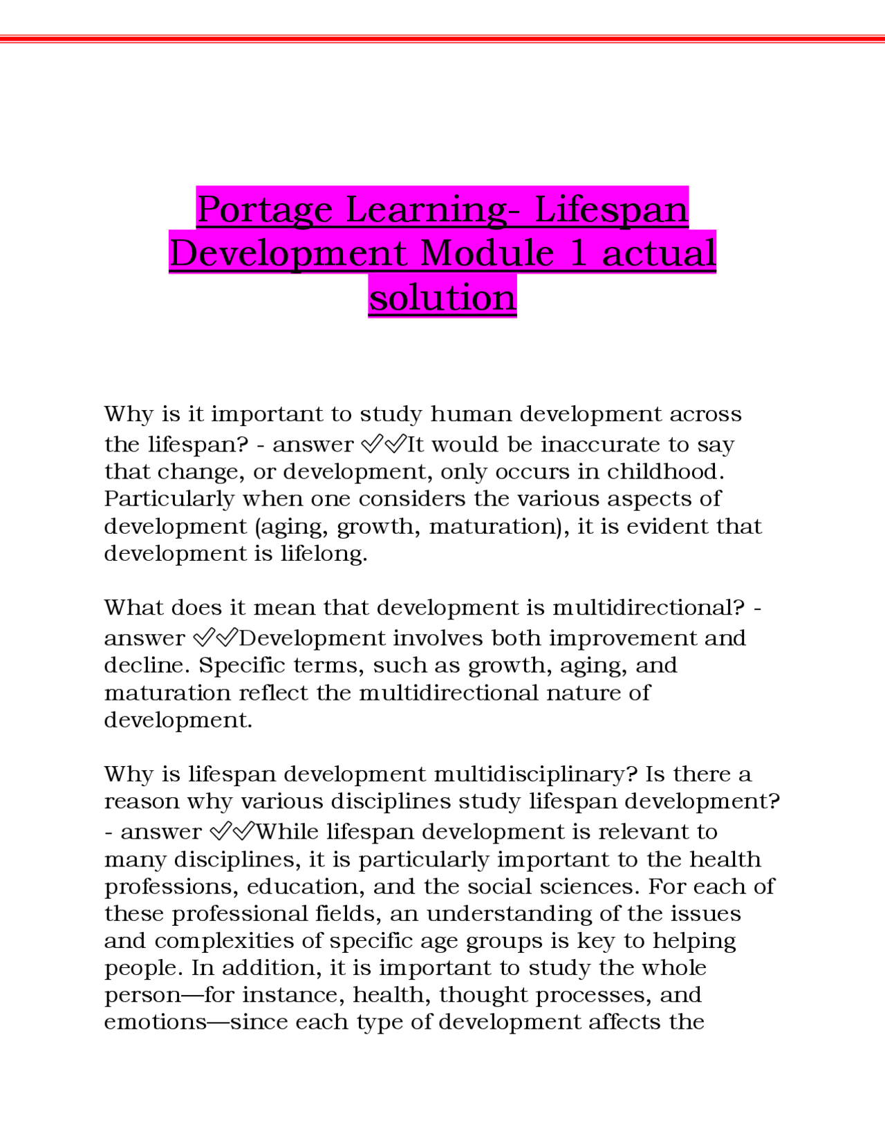 Portage Learning- Lifespan Development Module 1 actual solution .pdf | Exams Nursing | Docsity
