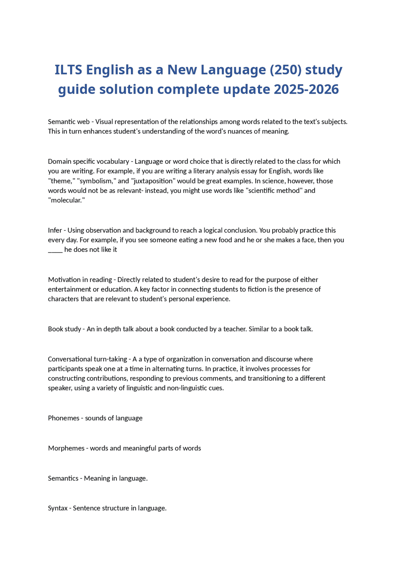 ILTS English as a New Language (250) study guide solution complete ...