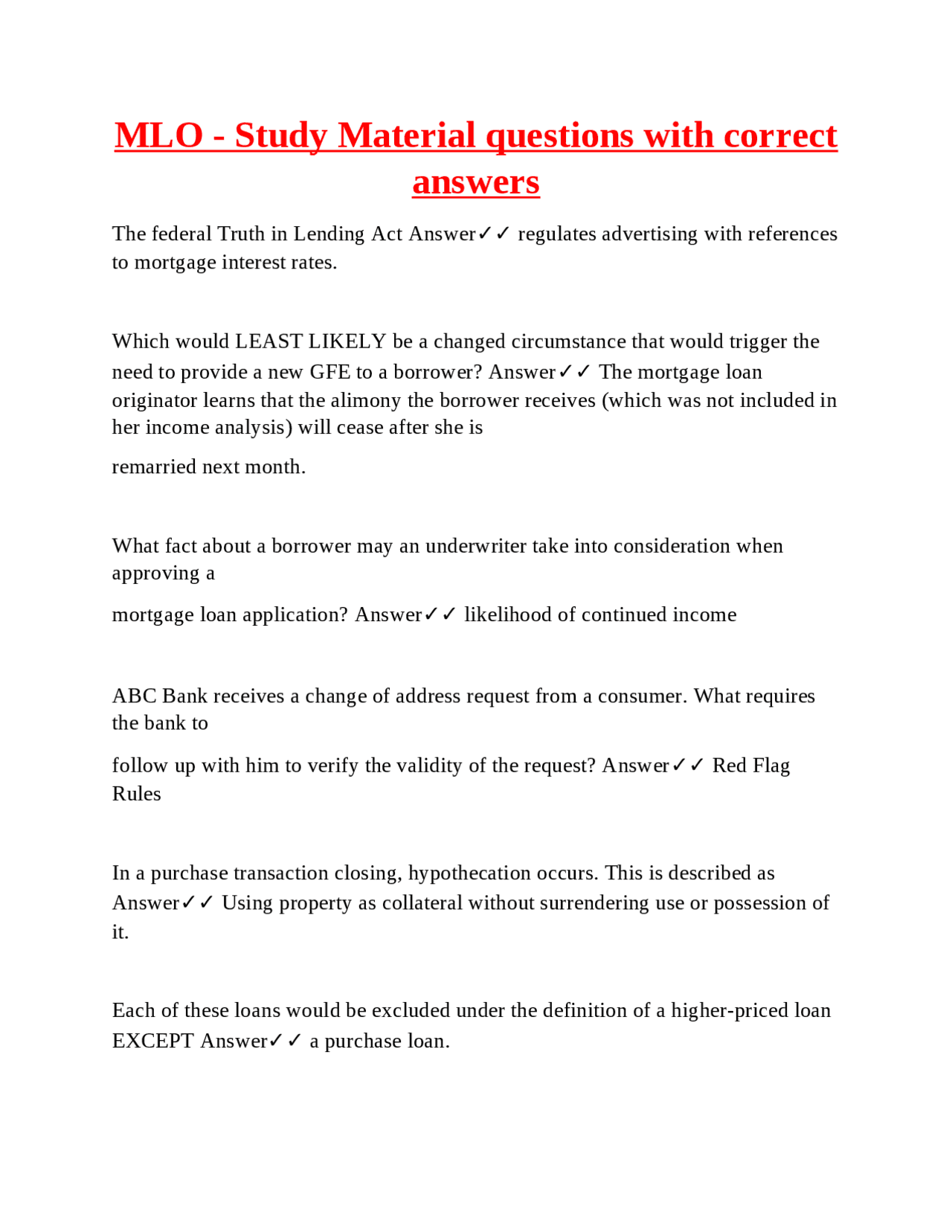 MLO - Study Material questions with correct answers | Exams Nursing ...
